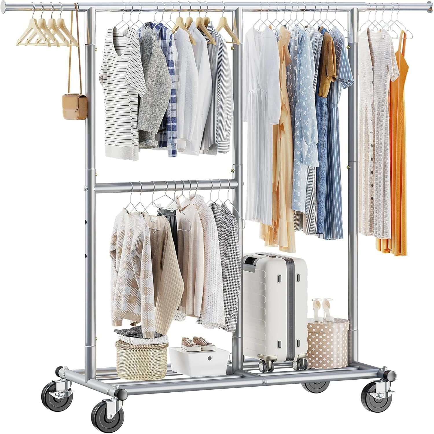 YING Heavy Duty White Clothes Rack With Wheels Portable Collapsible ...