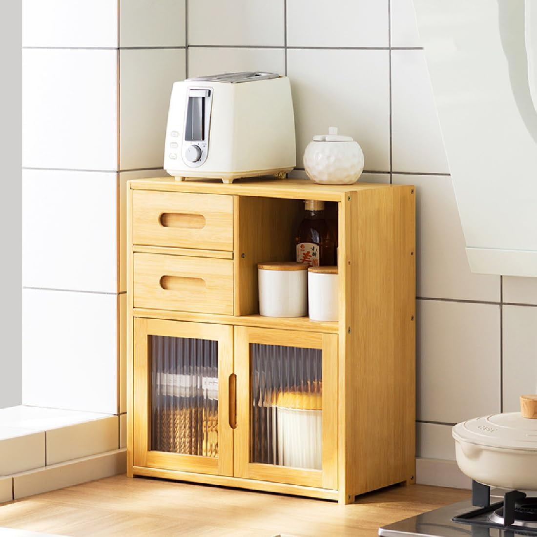 YING Small Countertop Sideboard, Bamboo Pantry with Acrylic Door and ...