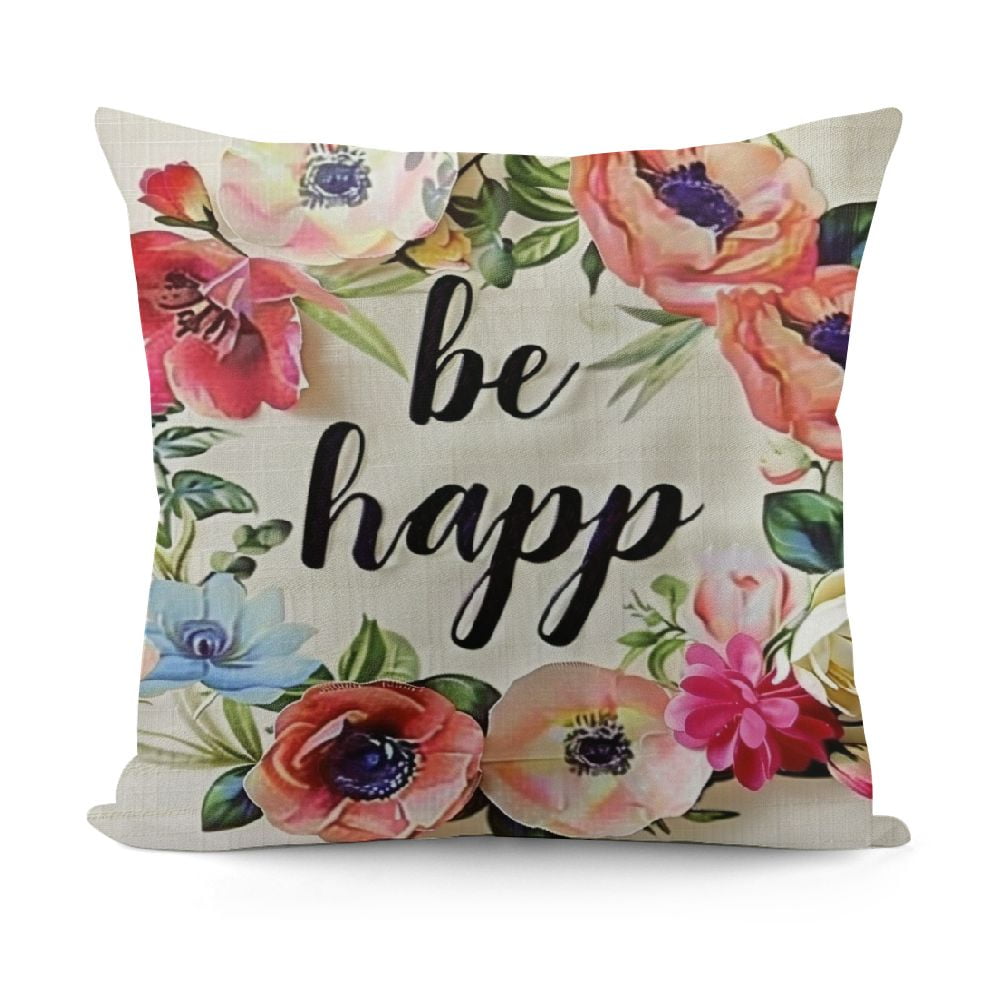 YINGXI Sayings Be Happy Pillow Cover, Simple Floral Leaf Pillow Case ...
