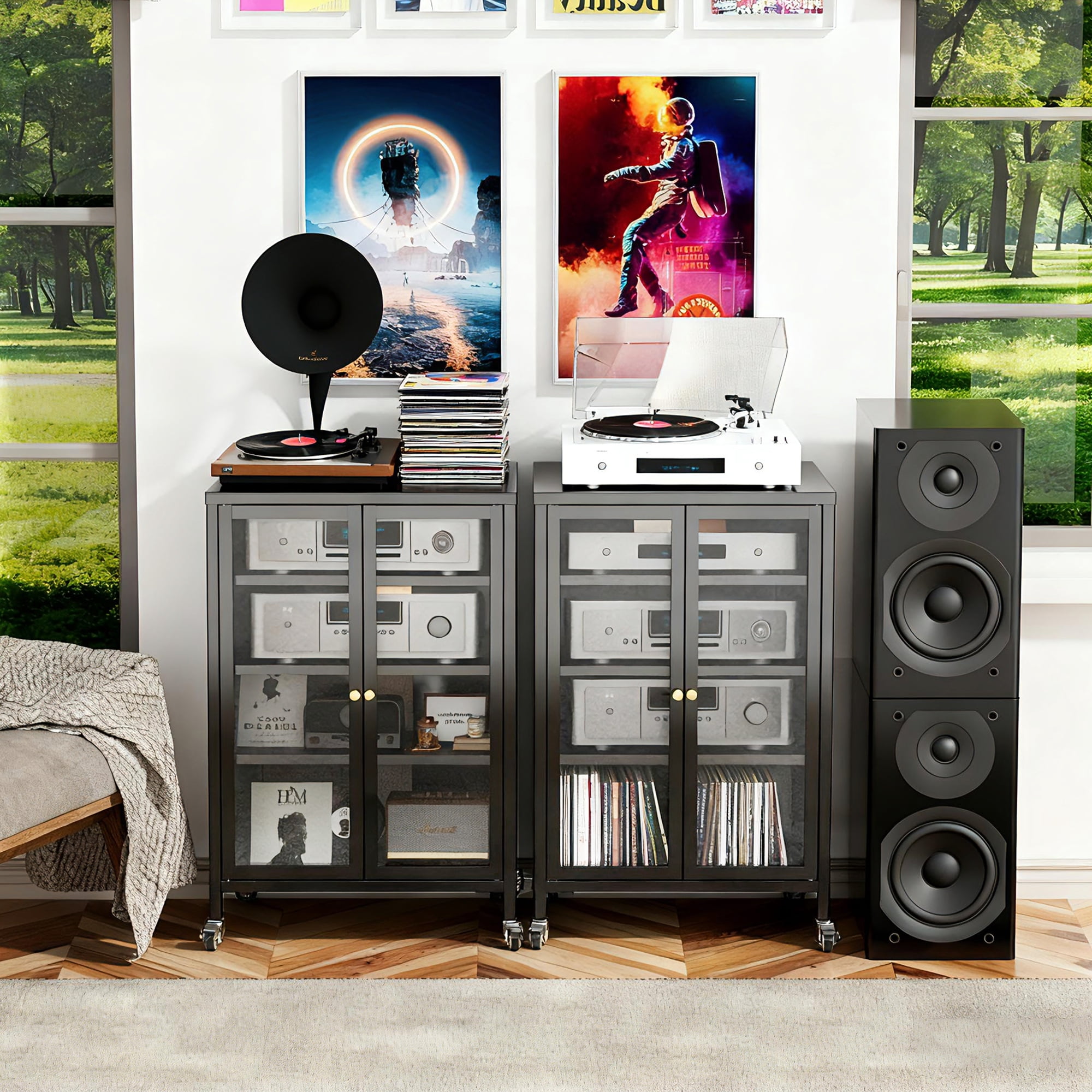 YINGYING Media Cabinet with Wheels, Stereo Cabinet with 4 Adjustable ...