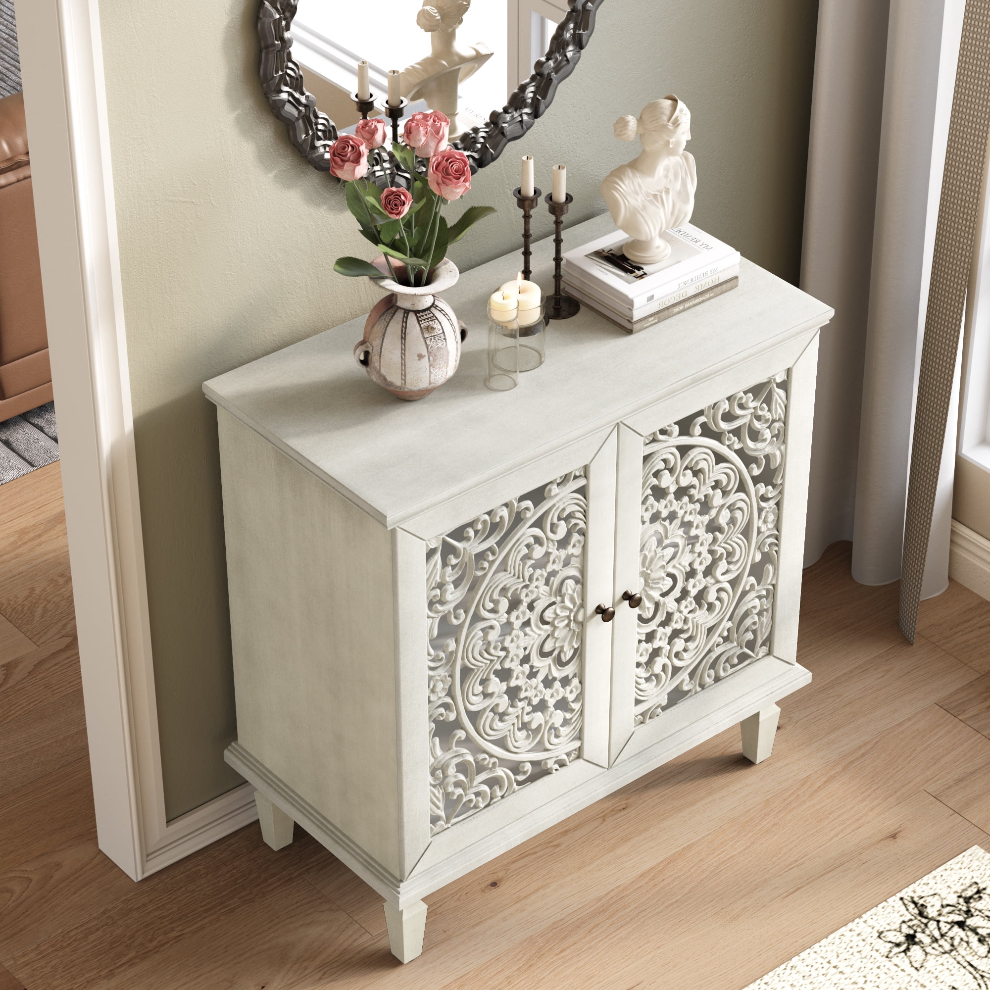 YINGYING Vintage Hollow-Carved Accent Cabinet, 2-Door Sideboard Buffet ...