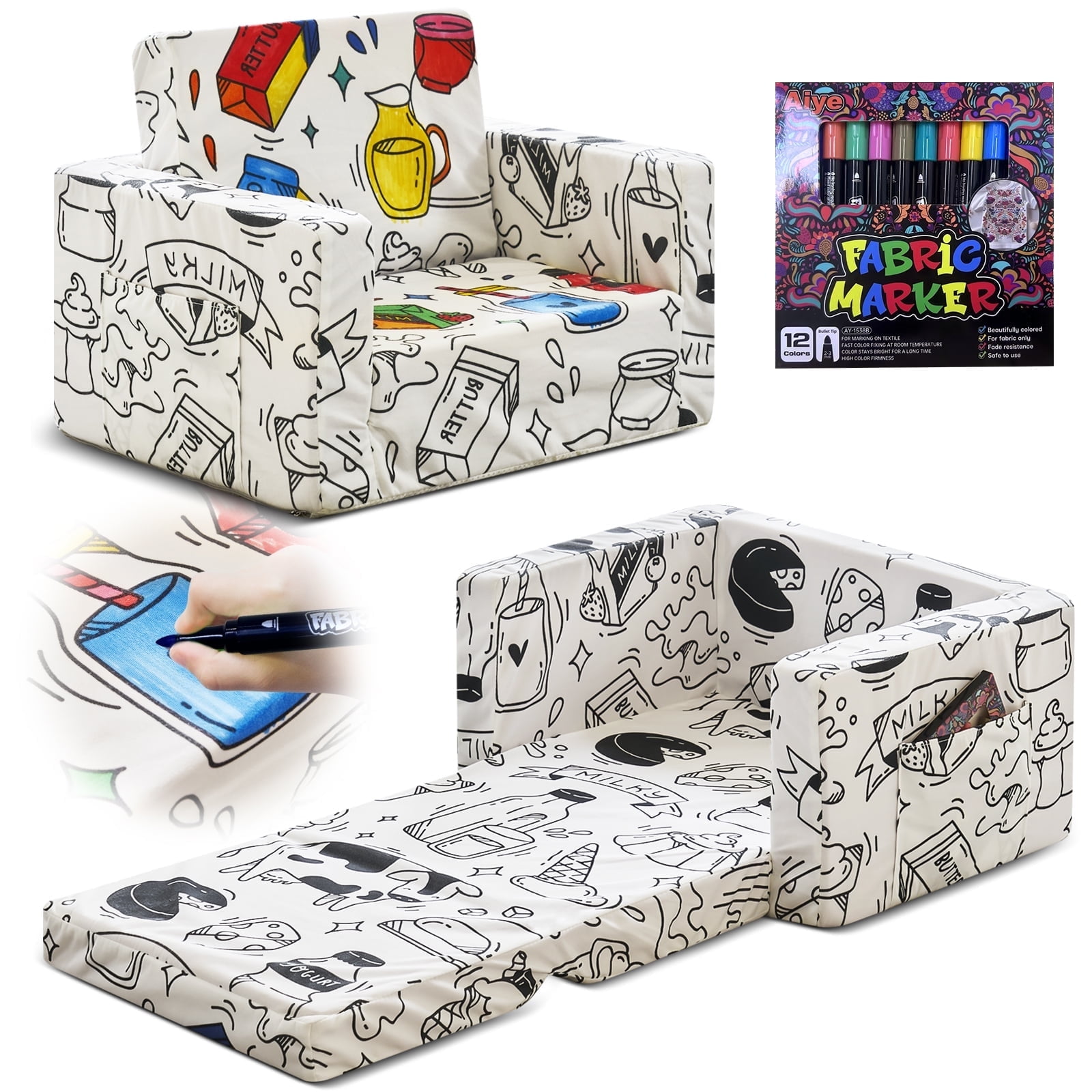 YINIX Paintable Flip-Out Chair 2-in-1 Convertible Sofa to Lounger, Kids ...