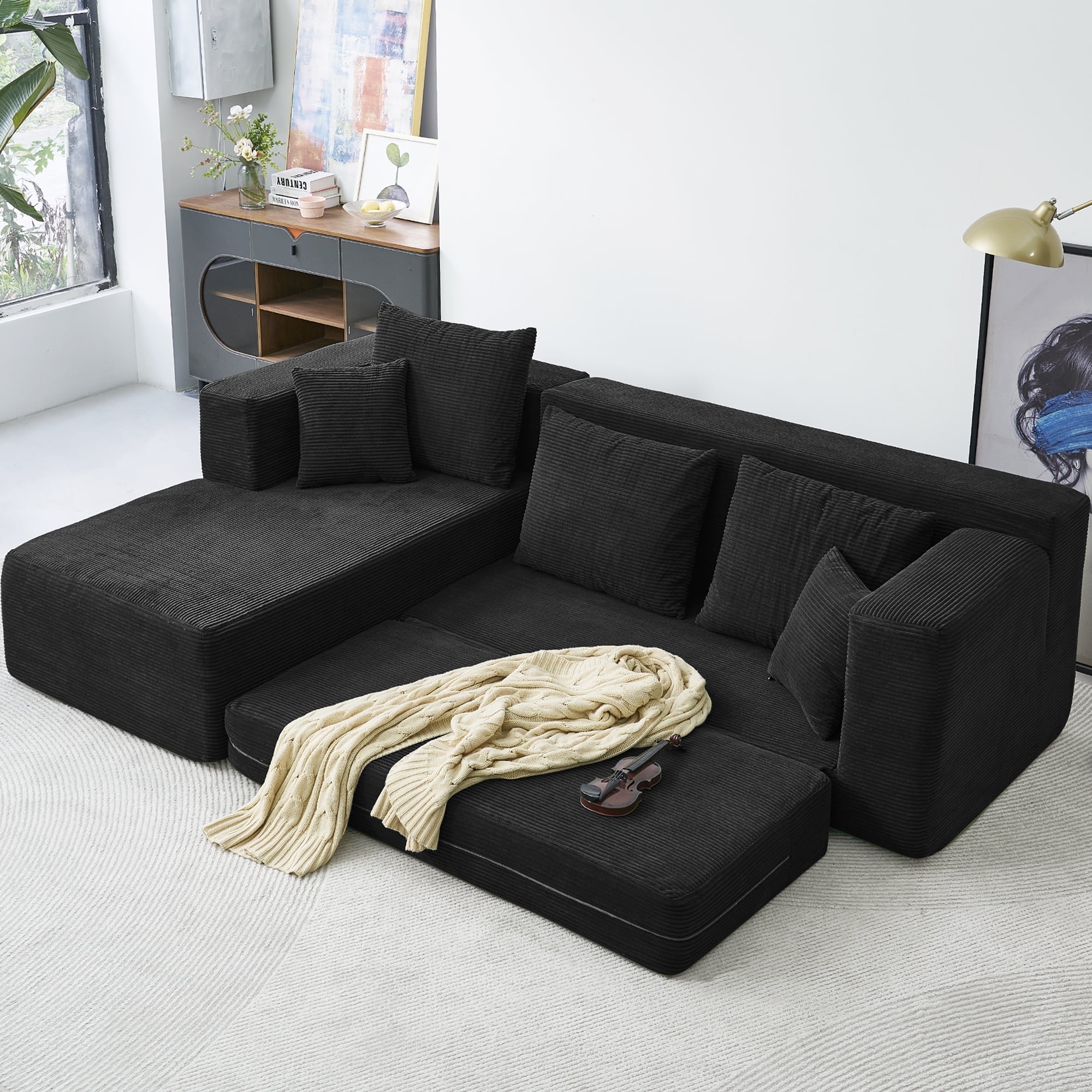 YINIX Sectional Sofa,L-Shaped Corduroy Sofa with Comfortable Pillows ...