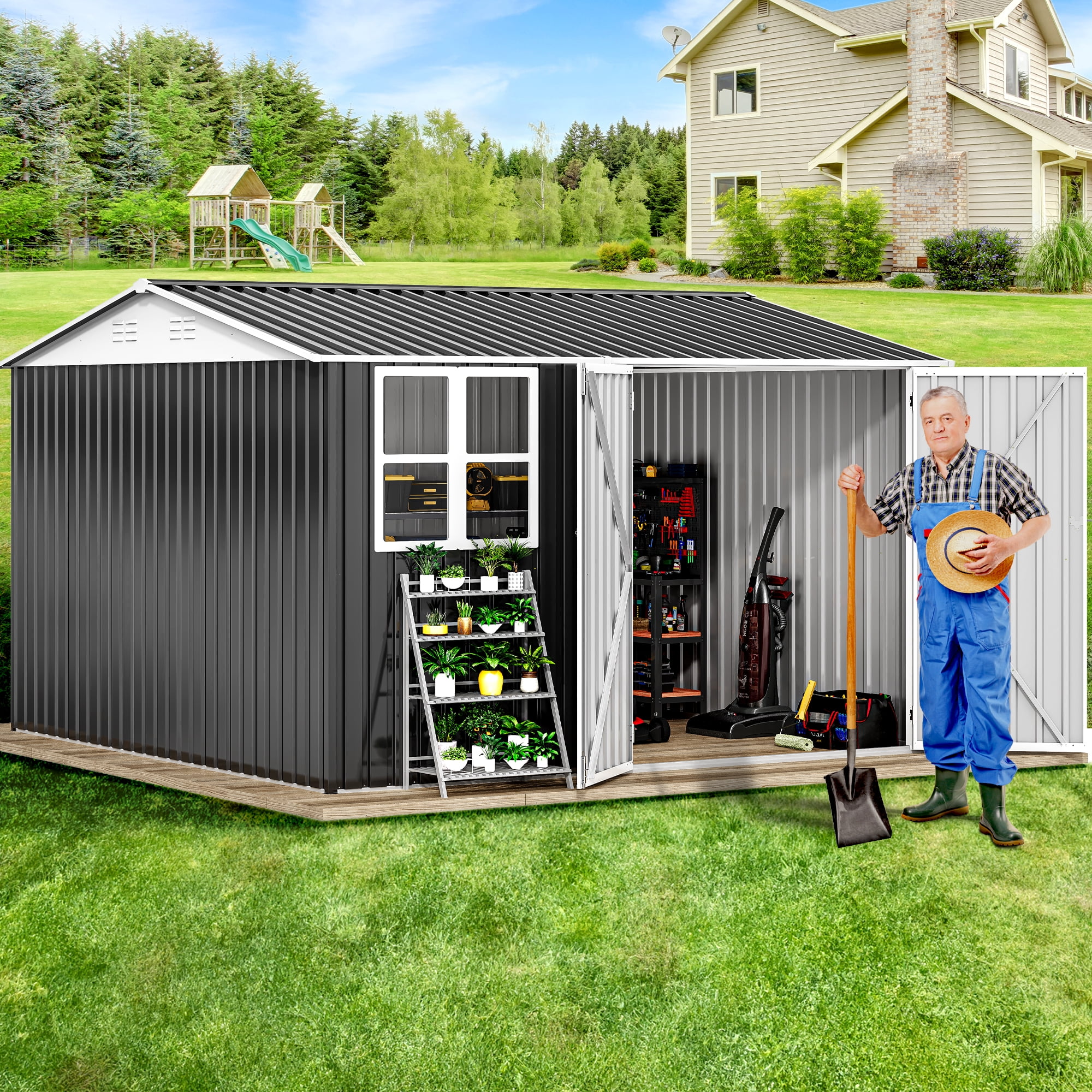 YINTATECH 10x10ft Storage Shed with Windows, Lockable Doors & Sloped ...