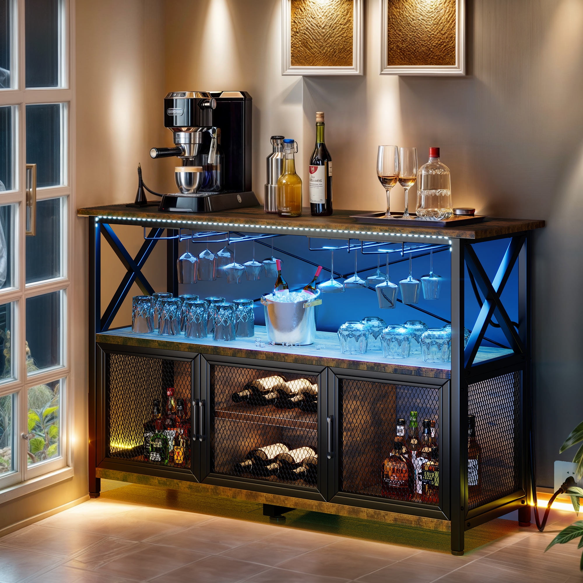 YINTATECH 55" Wine Bar Cabinet with LED Lights Power Outlets ...