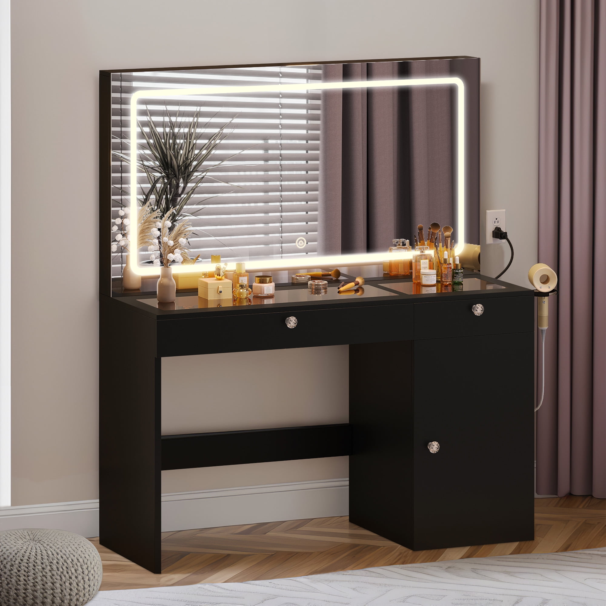 YINTATECH Makeup Vanity Table with LED Lighted Mirror & Power Outlet ...