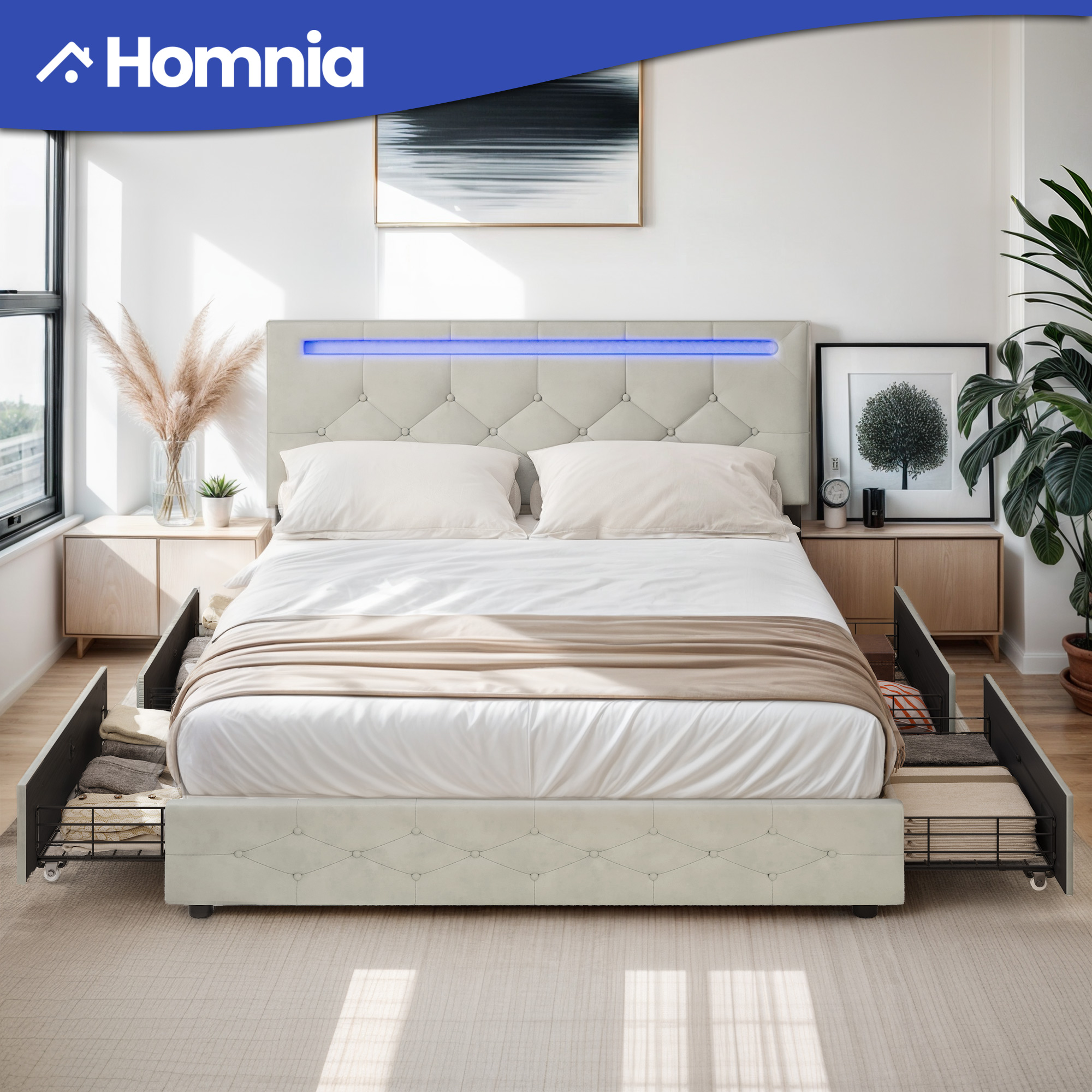 YINTATECH Queen Size Bed Frame Led w/ Adjustable Upholstered Headboard ...