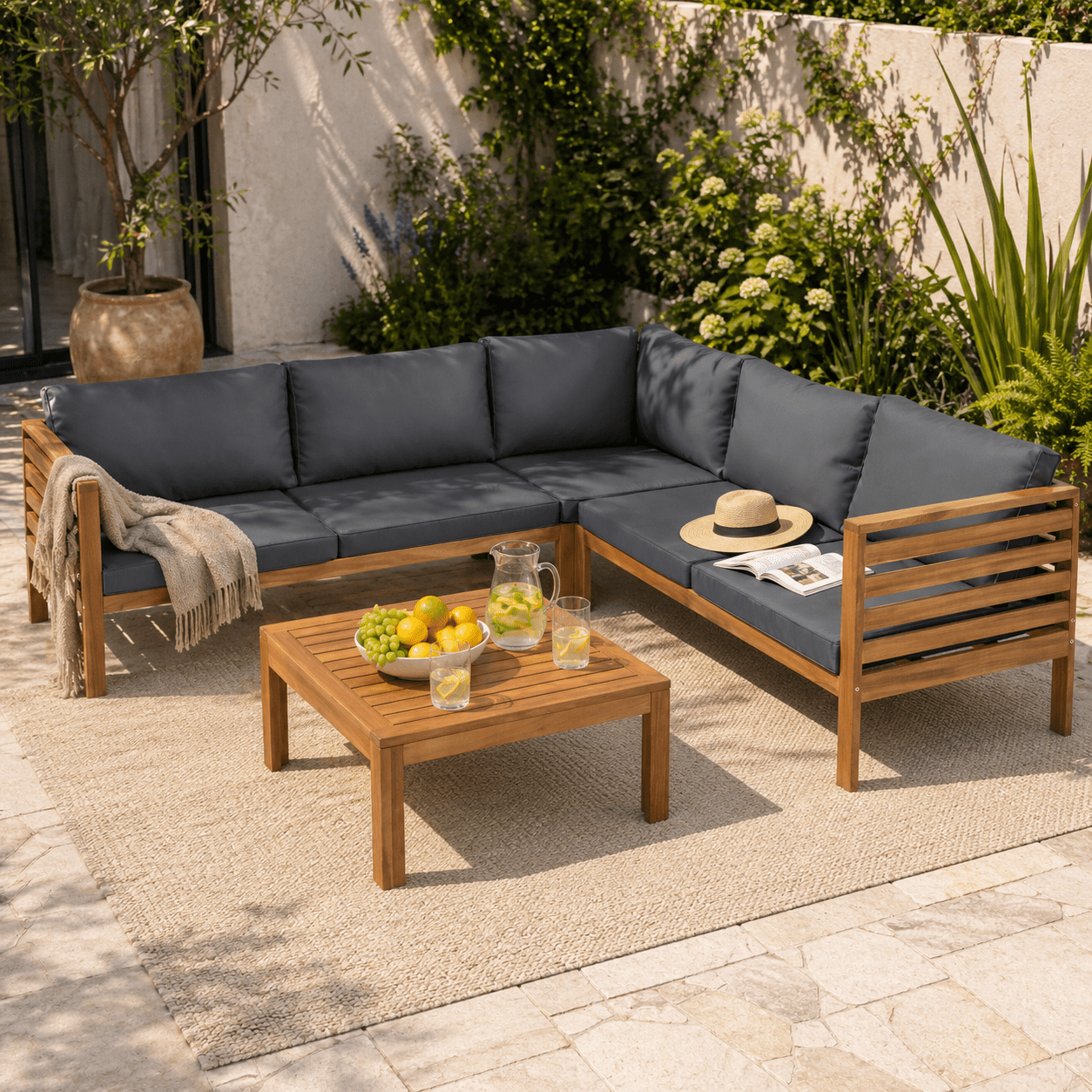 YIORTWO Acacia Wood Outdoor Sofa Set, 4-Piece Modular L-Shaped ...