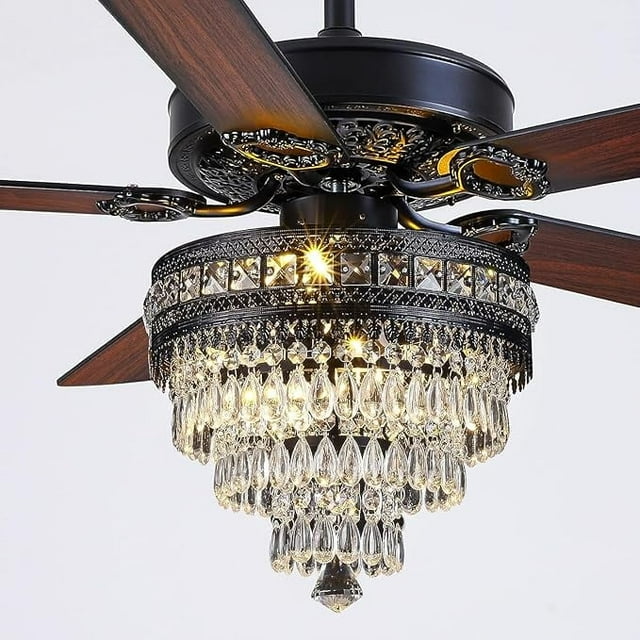 YIOSI 52" Crystal Ceiling Fan with Lights & Remote, Noiseless Copper AC ...