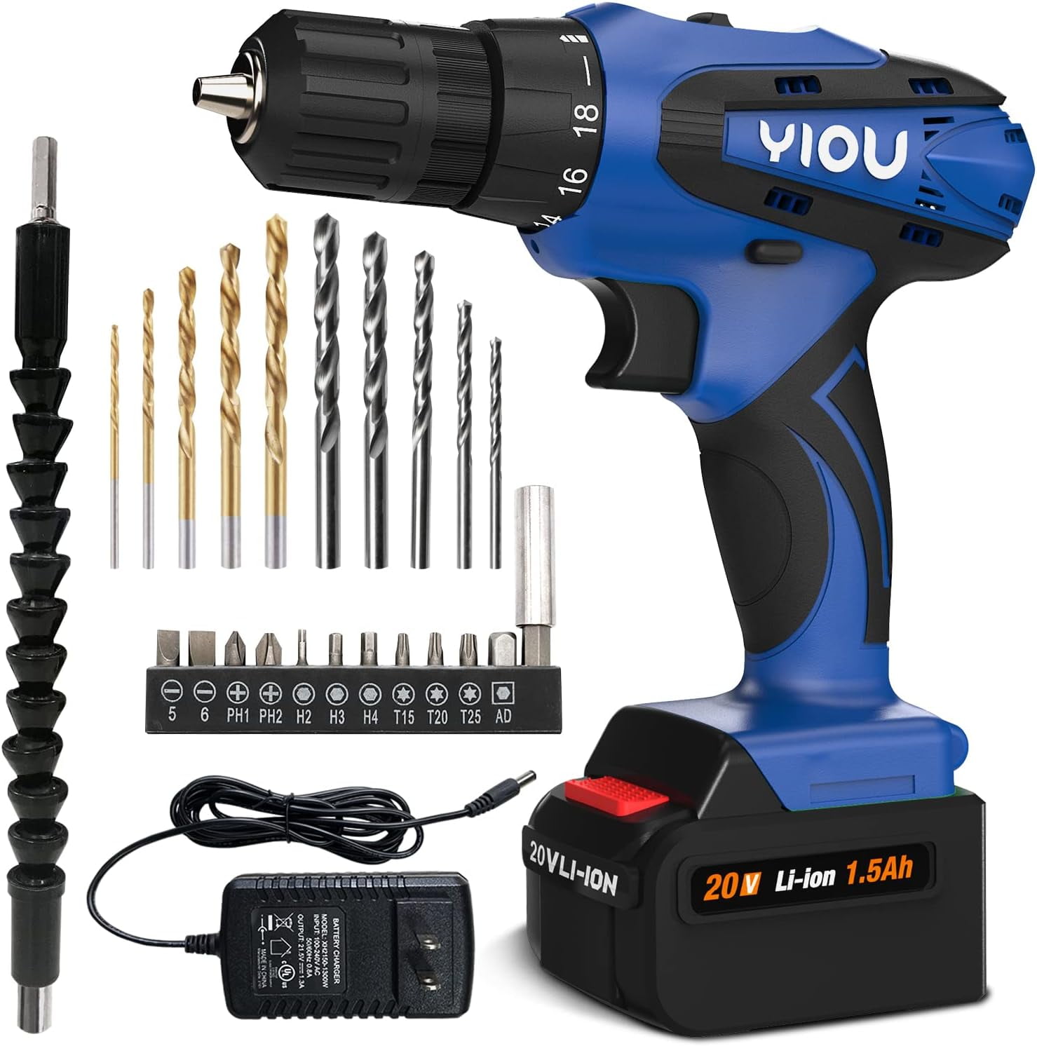 YIOU 20V MAX Cordless Drill with 18 Position Clutch, 23PCS Drill Set, 3 ...