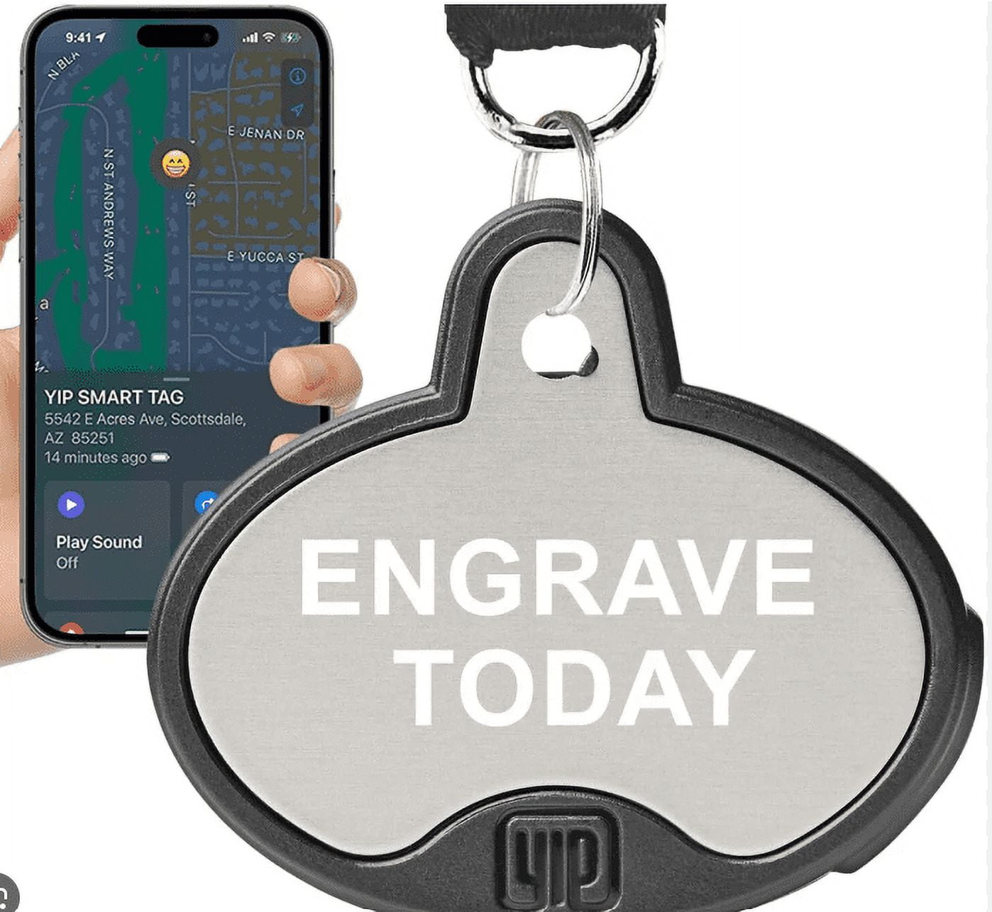 YIP Smart Tag Pet ID Tag and Tracker For Apple iPhone Oval Silver ...