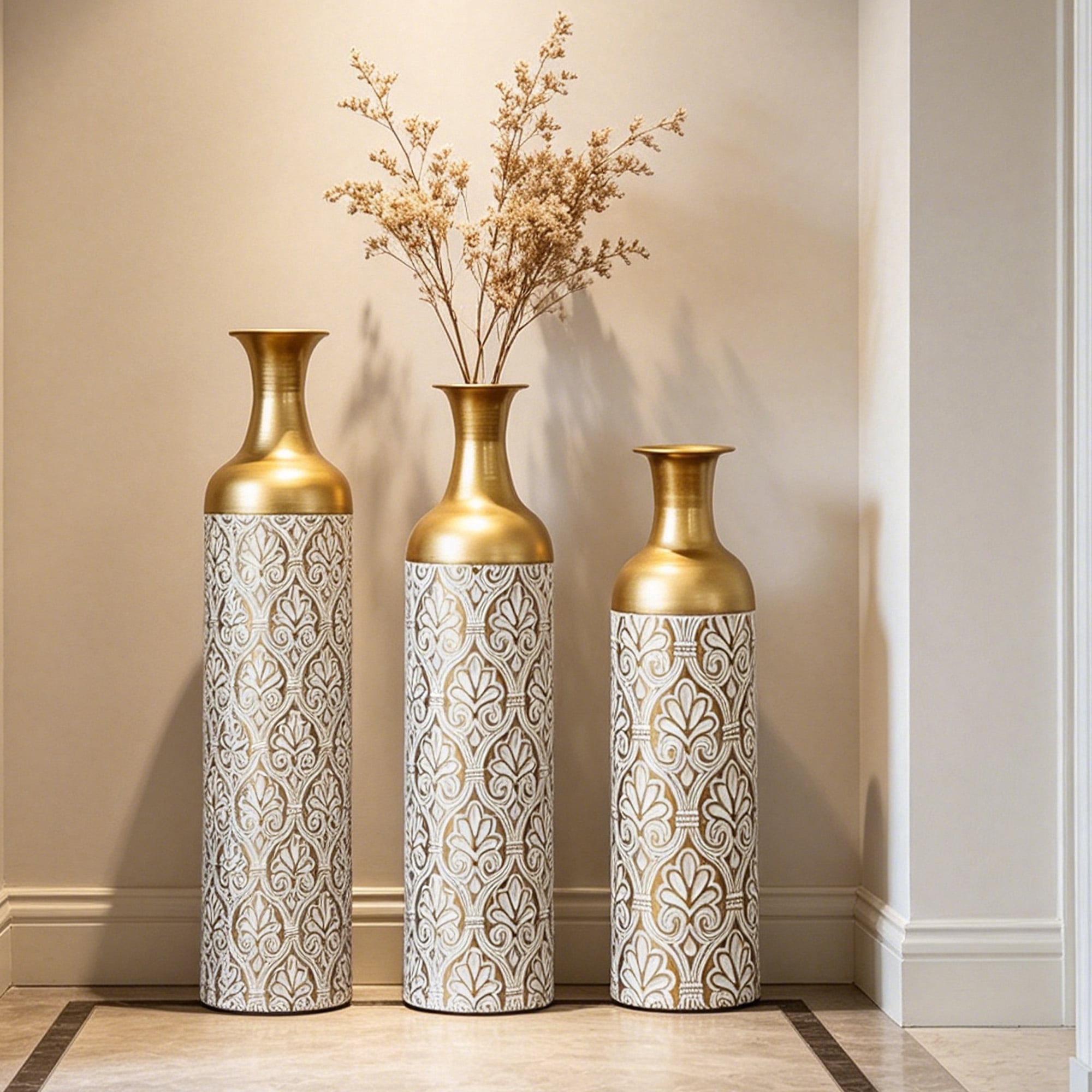 YIQMI Gold White Scroll Metal Vase Set of 3 for Dried Flowers, Tall ...