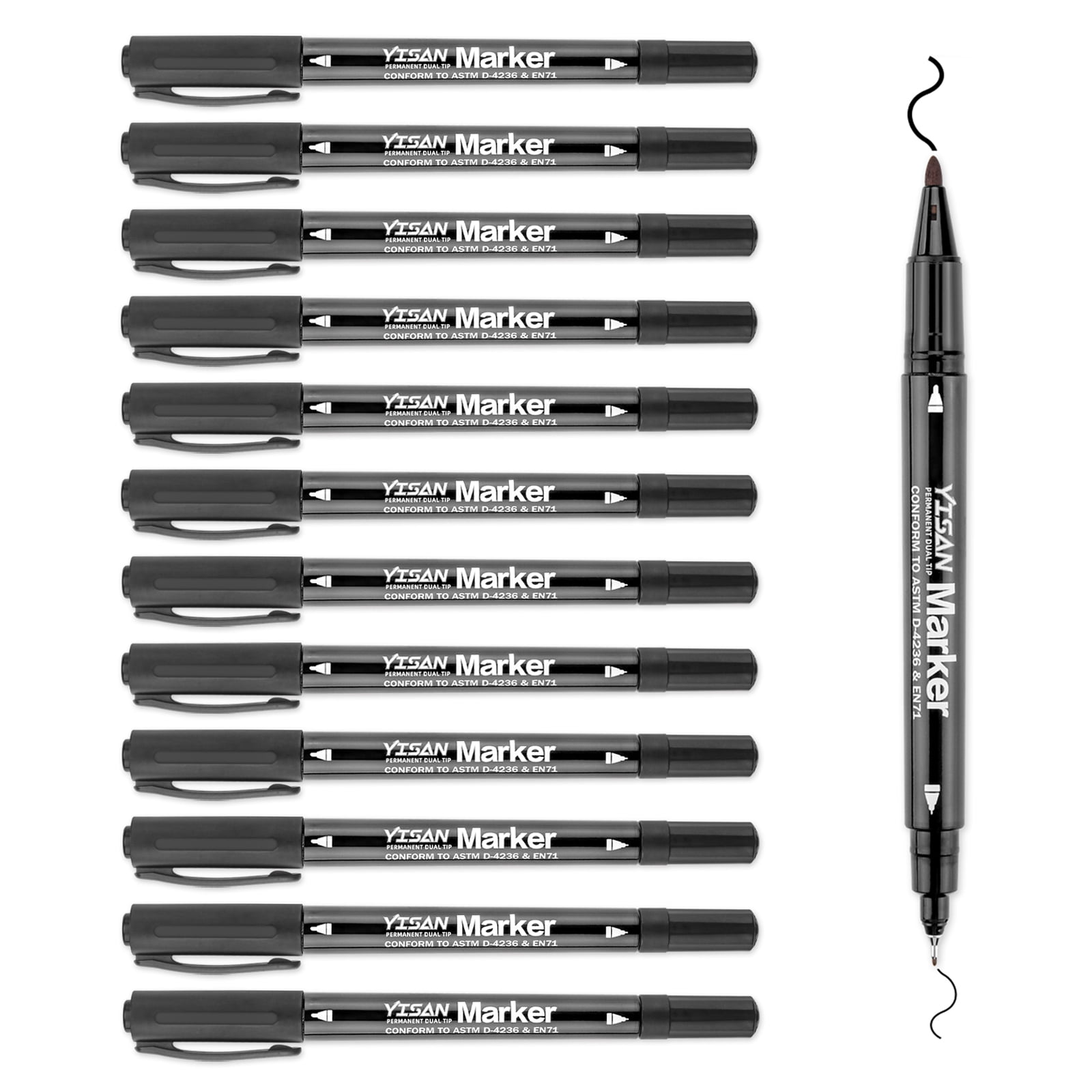 YISAN Twin Tip Permanent Markers,12 Ultra Fine Point Black Permanent ...