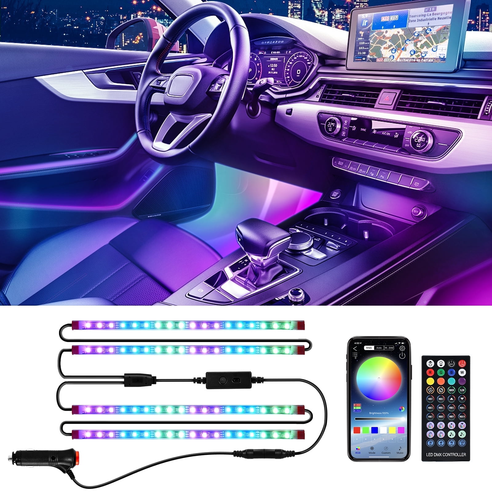 YISSDA LED Lights for Car, RGBIC Car Interior Lights, 72LEDs Led Strip ...