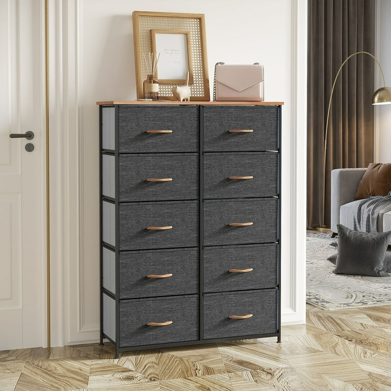 YITAHOME 10 Drawers Storage Organizer Wooden Top Shelf for Hallway Dark Gray