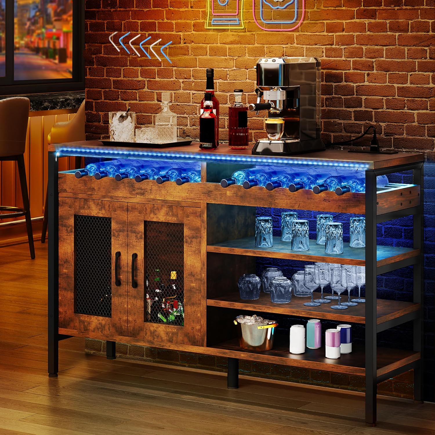 YITAHOME 55" Industrial Coffee Bar Cabinet with Led Lights and Power ...