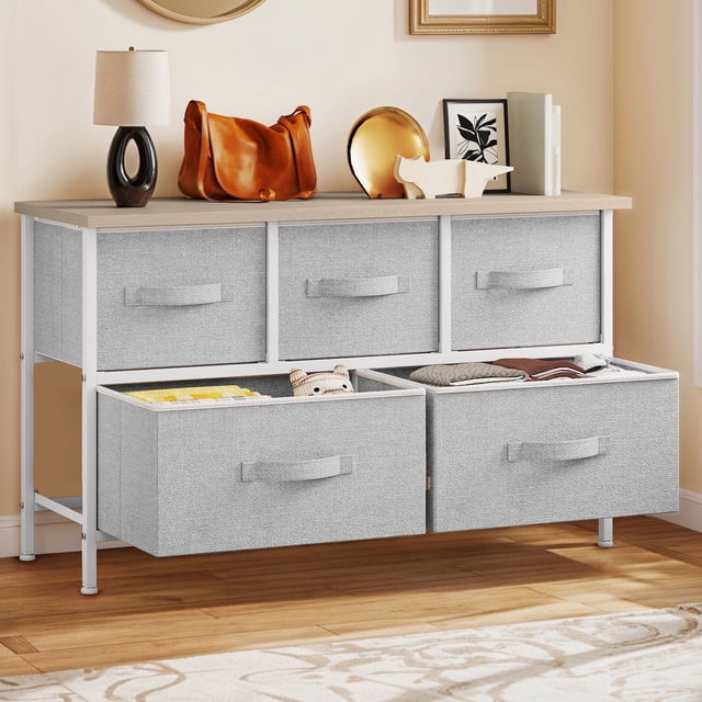 Dextrus Chest Fabric Drawers Dresser Furniture 5 Bins Bedroom Organizer ...