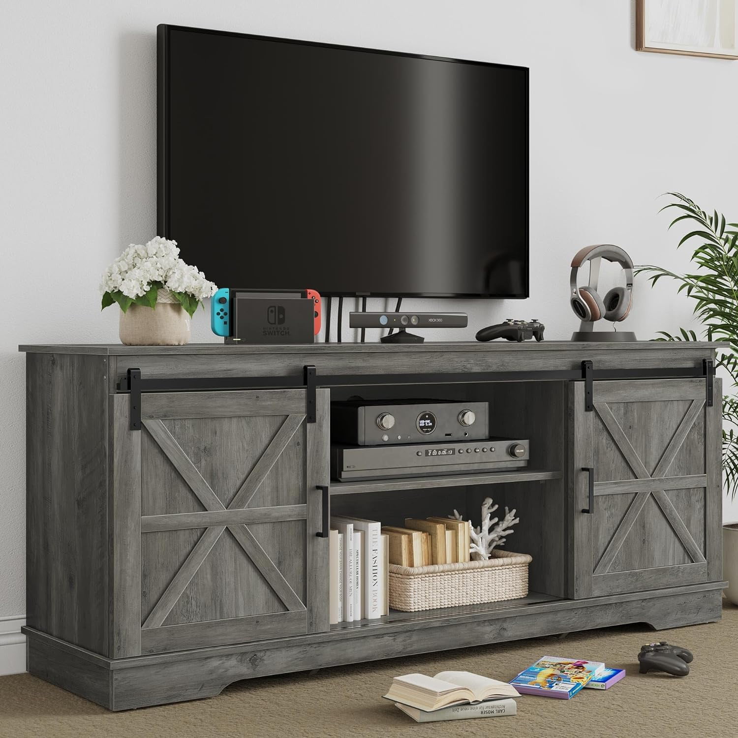 YITAHOME Farmhouse TV Stand for 65 60 55 Inch Modern Entertainment Center with Sliding Barn Door Wood TV Media Console Storage TV Cabinet for Living