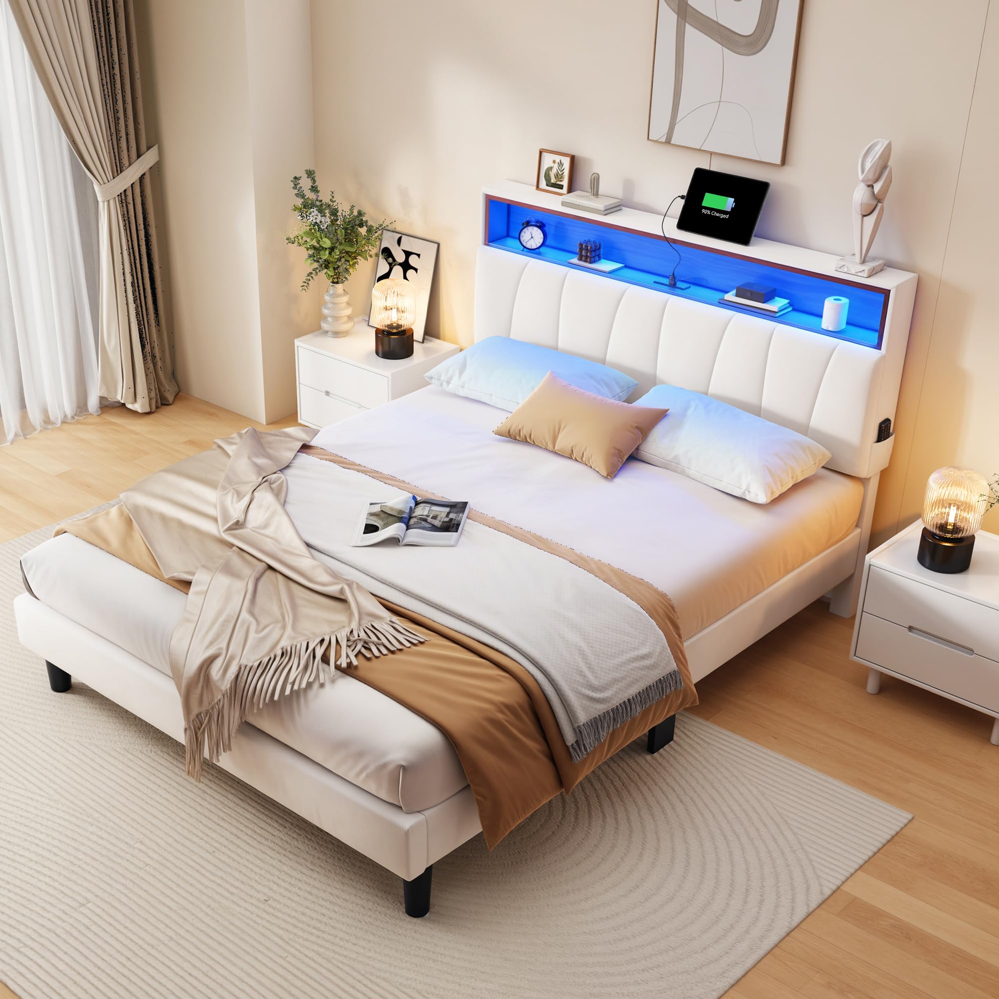 YITAHOME Full Size Bed Frame, LED Bed Frame with Storage Upholstered ...