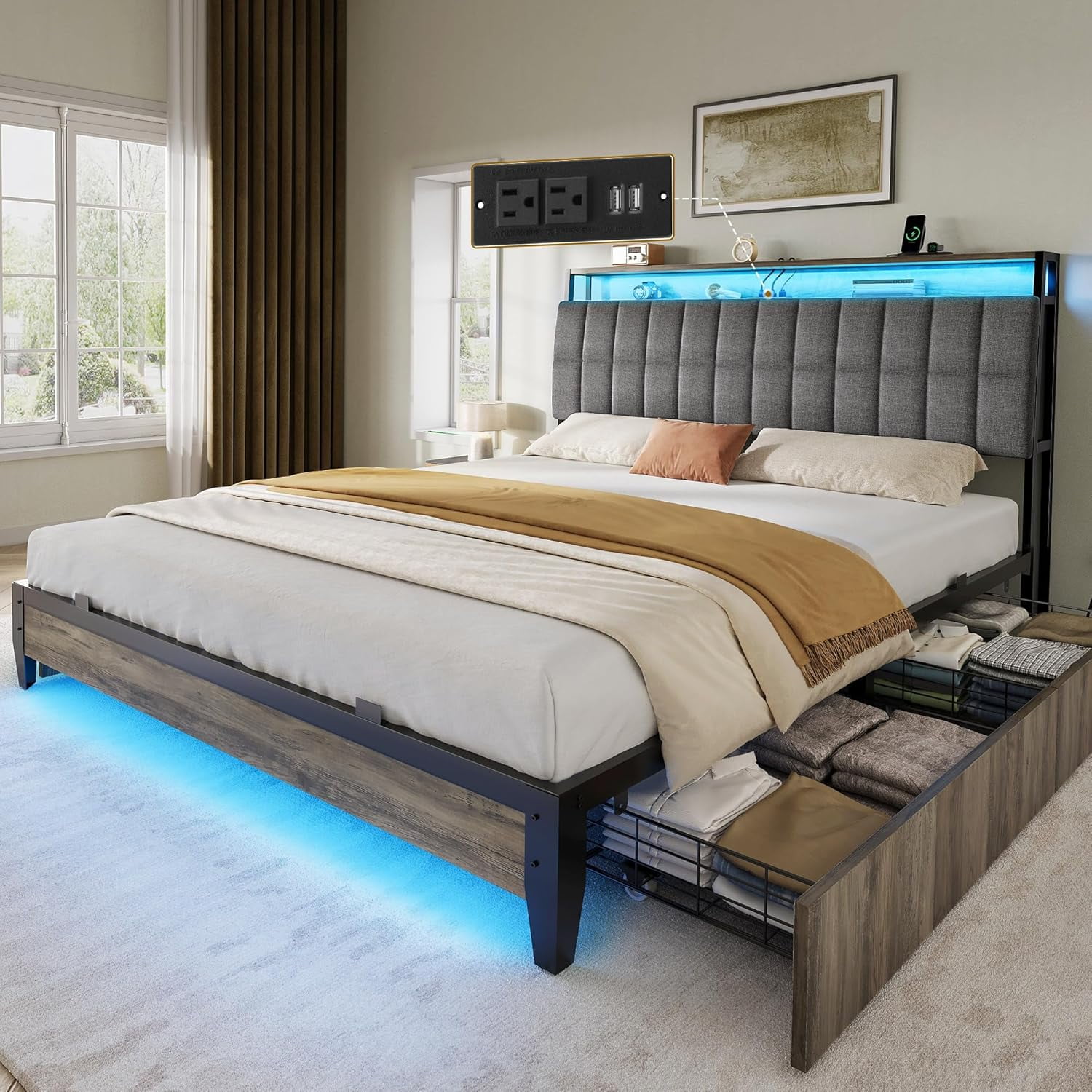 YITAHOME Full Size Bed Frame with RGB LED Lights and 4 Drawers ...