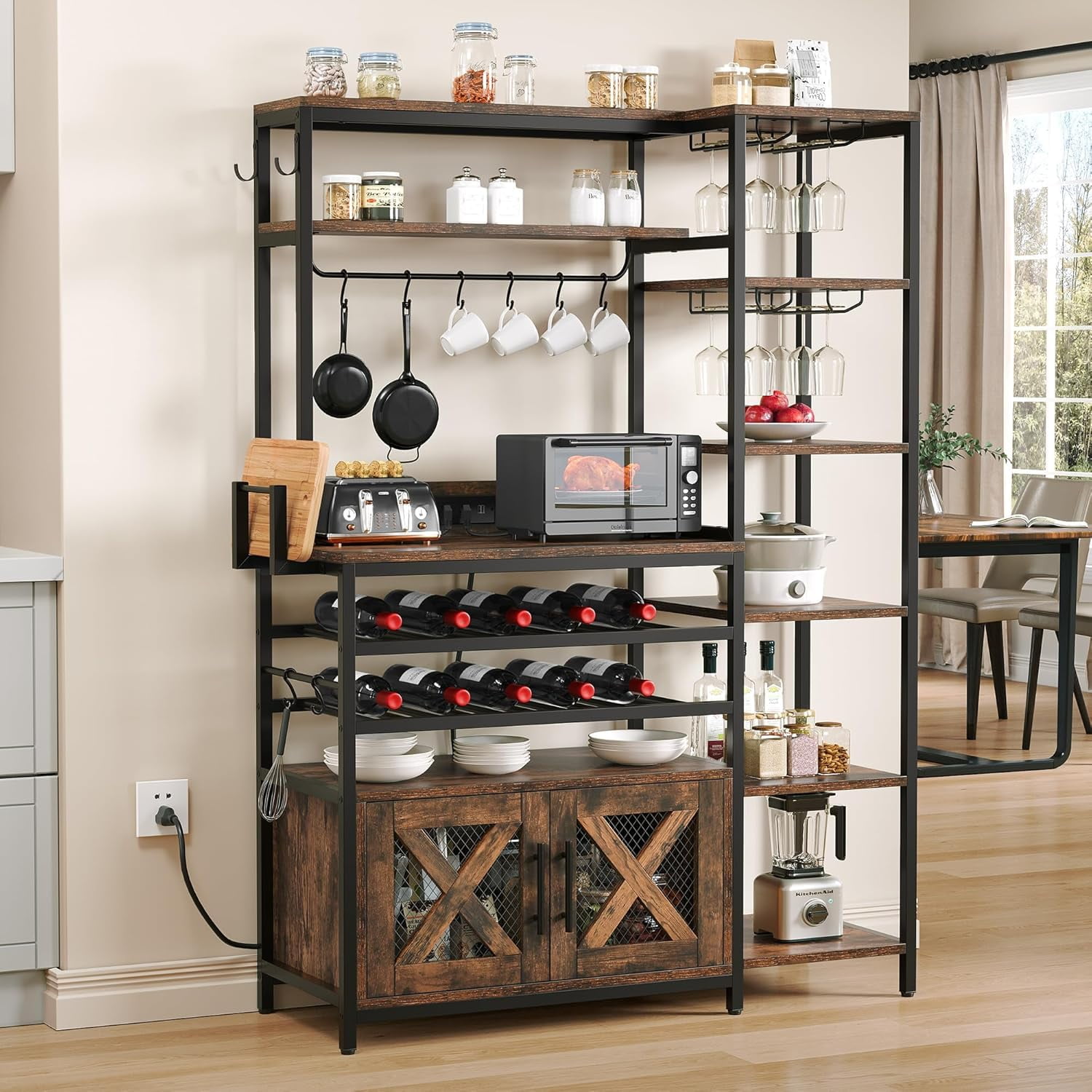 YITAHOME Large Wine Rack, Industrial Bakers Rack w/Power Outlet, 6-Tier ...