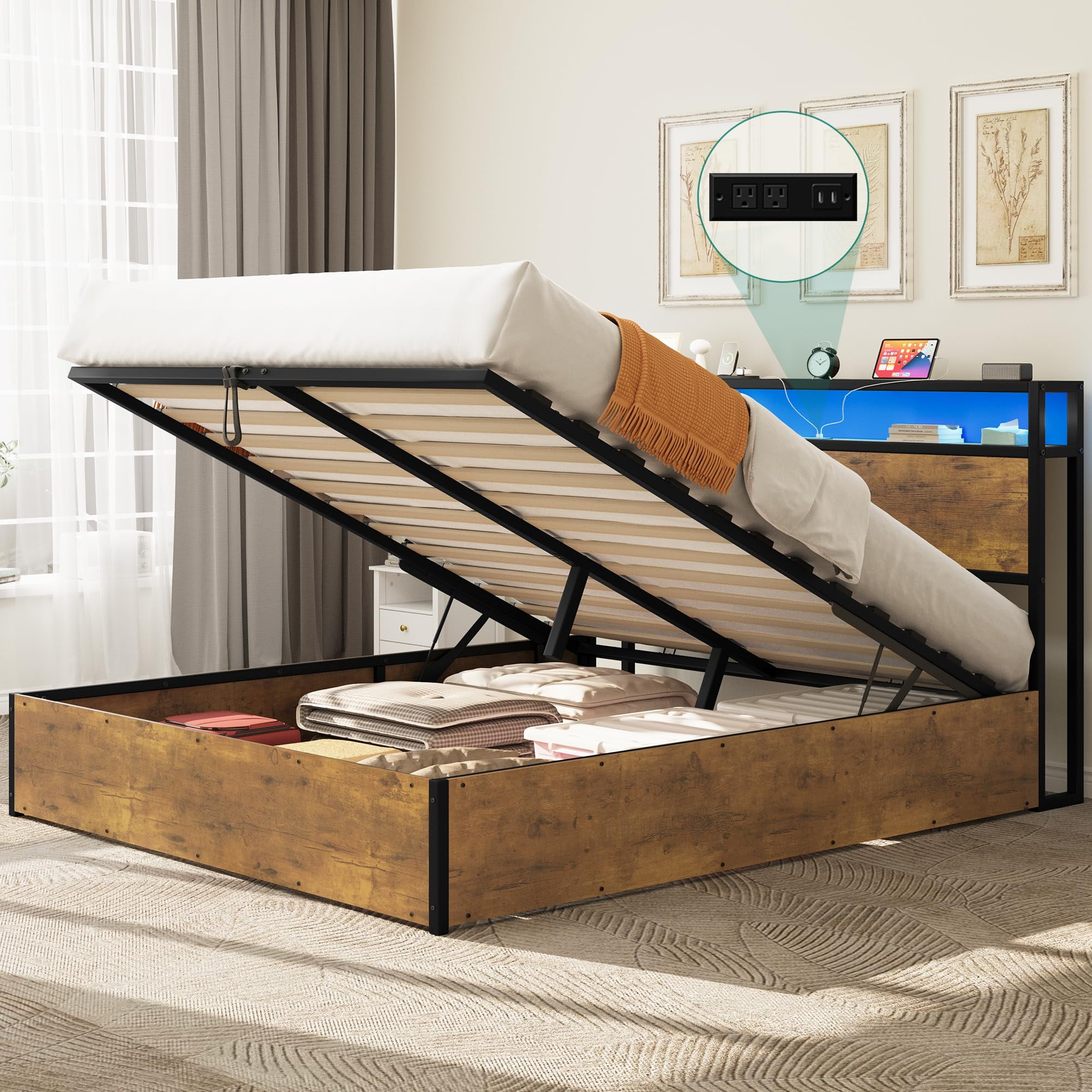 YITAHOME Lift Storage Bed Frame, Queen Size Bed Frame with 2-Tier ...