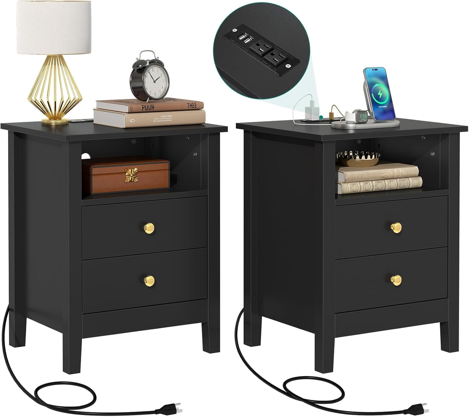 YITAHOME Nightstand with Charging Station, Night Stands with 2 Drawers ...