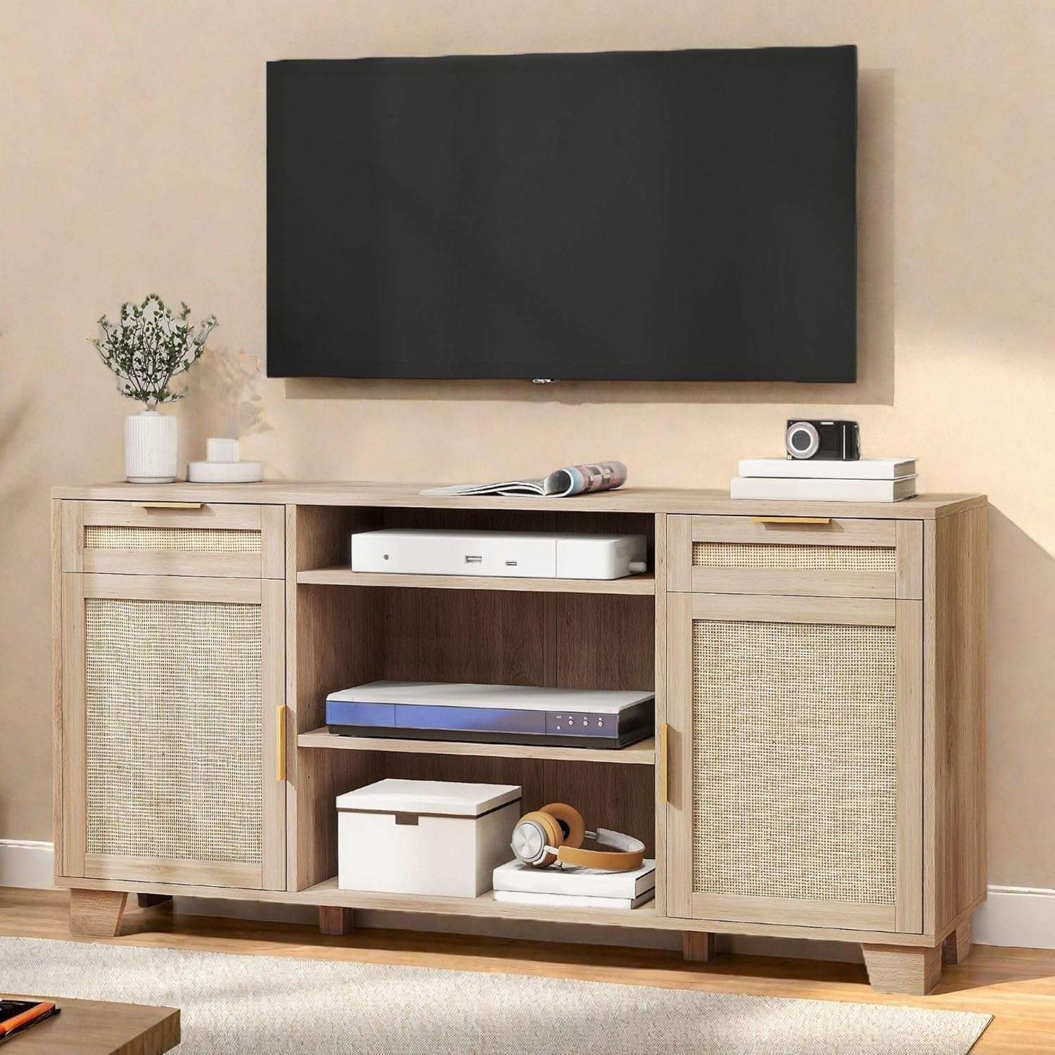 YITAHOME Rattan TV Stand for up to 65 Inch TVs, Boho Entertainment ...