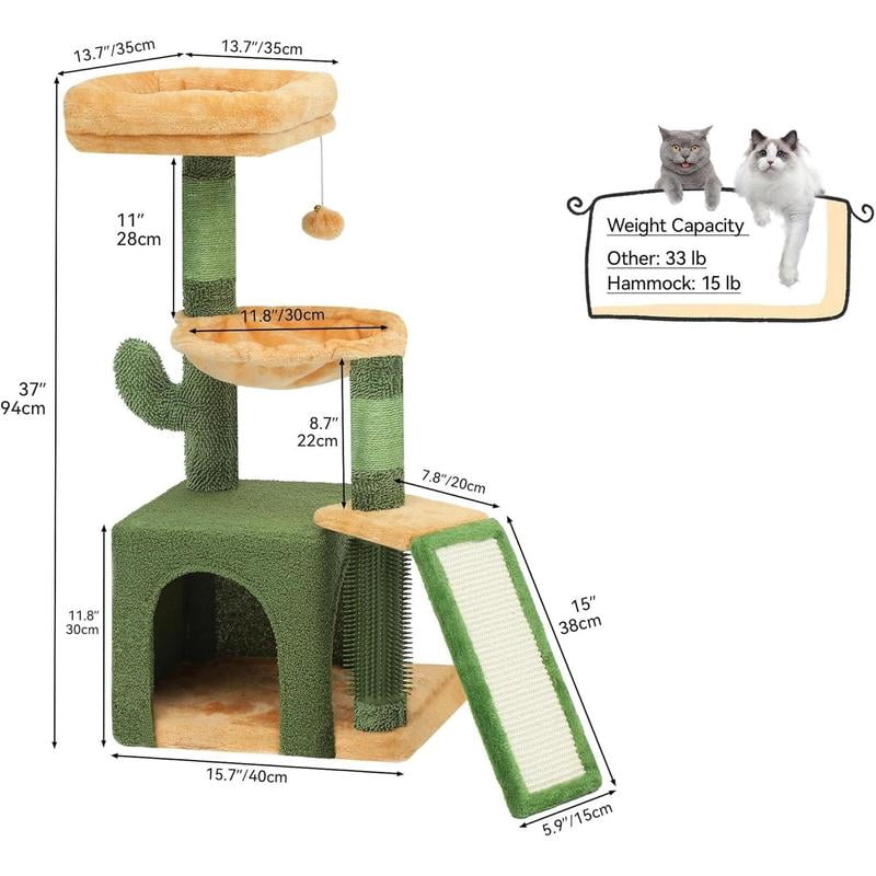 YITAHOME Tall Cactus Cat Tree Tower with Self-Grooming Brush, Cute Cat ...