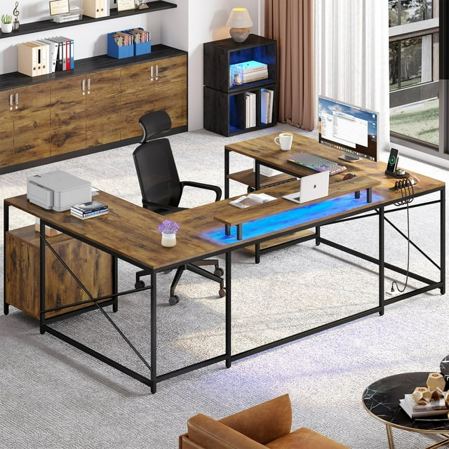 YITAHOME U Shaped Desk with Power Outlets & LED Lights, 79" Reversible ...