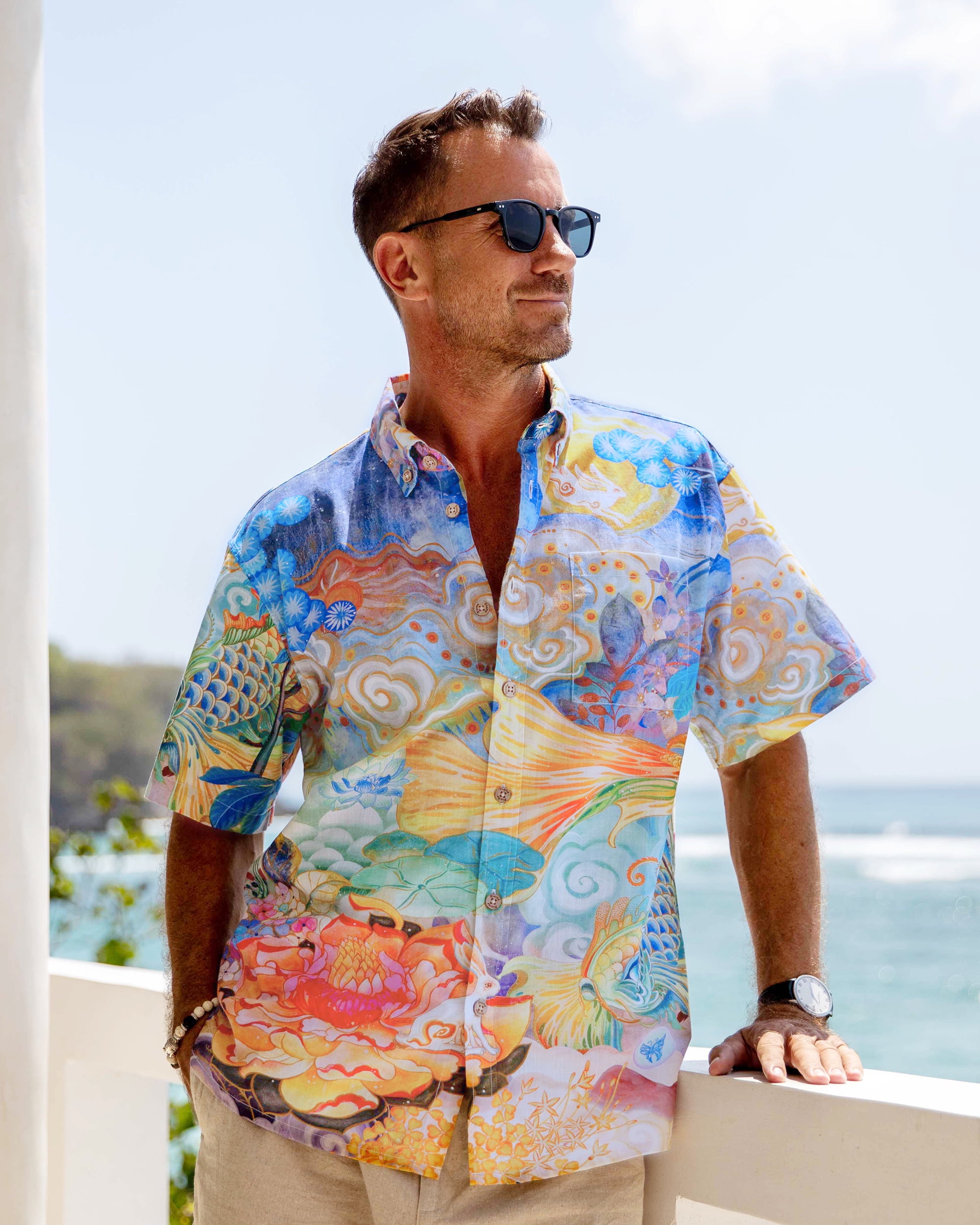 YIUME Men's Designer Hawaiian Shirt Cloud-wandering Koi Print Cotton ...