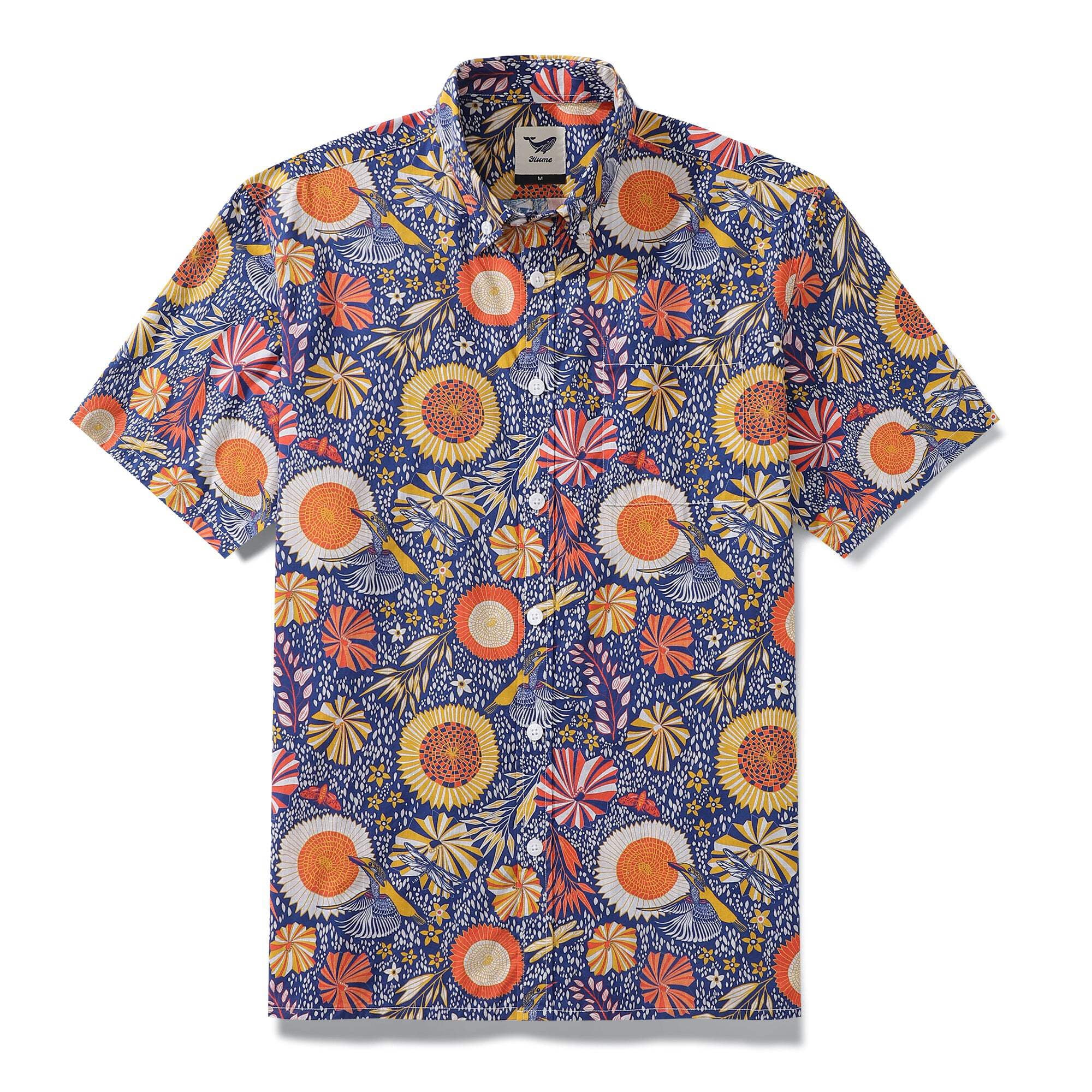 YIUME Men's Hawaiian Shirt 1960s Vintage Kingfisher and Flowers Print ...