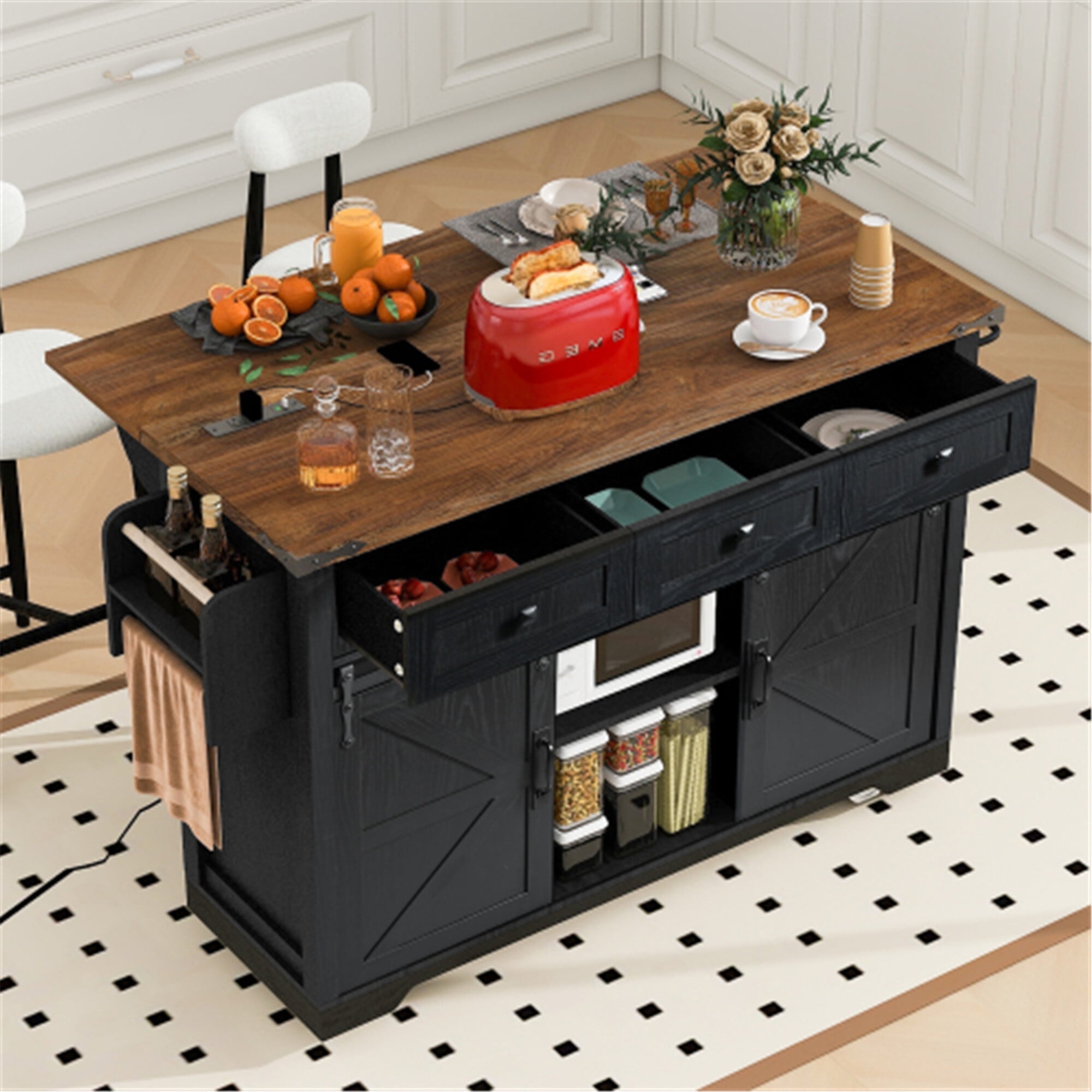 YIYADO 53.7" Black Farmhouse Kitchen Island with Drop Leaf, Power ...