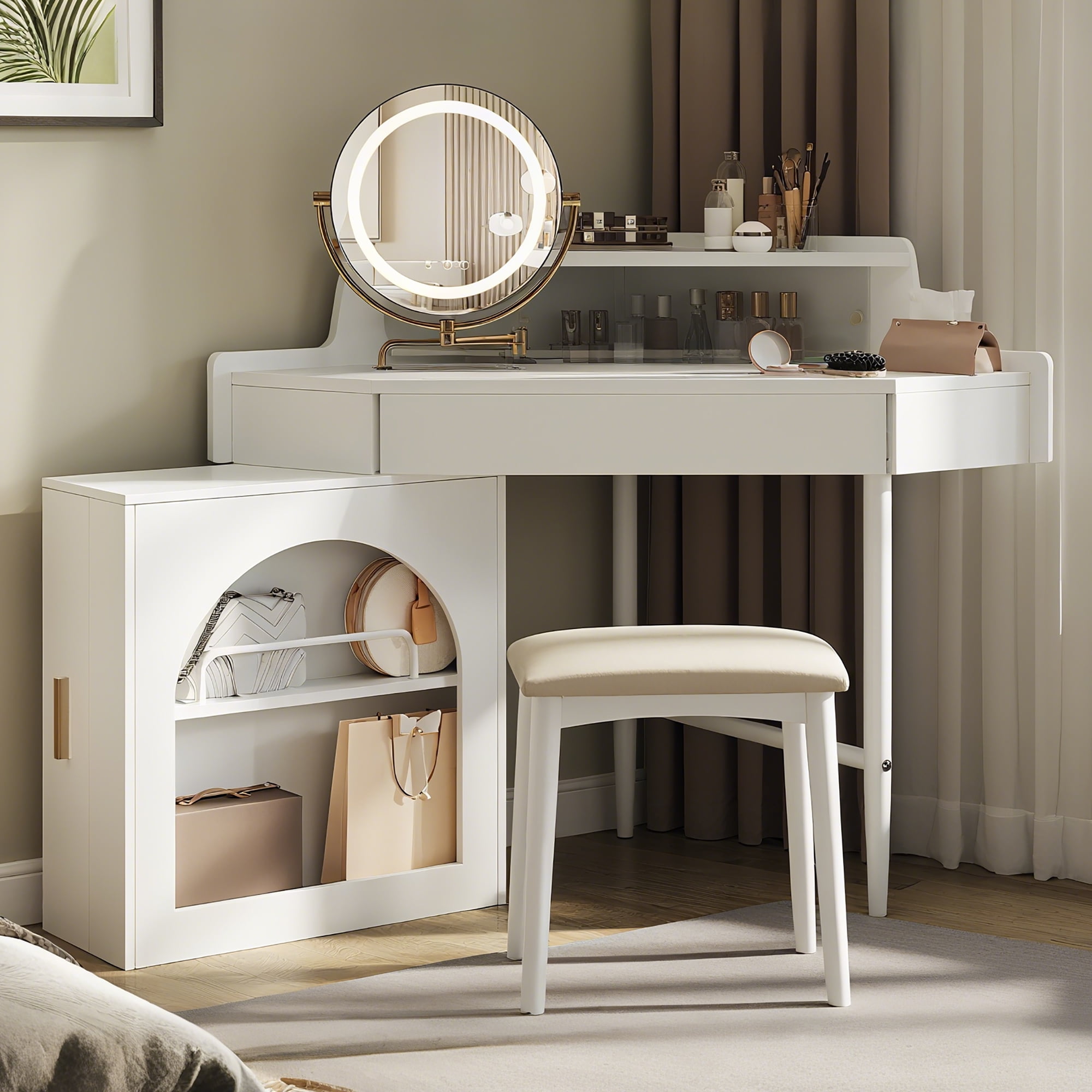 YIYADO Corner Makeup Dresser with Mirror and LED Light, Modern Dresser ...