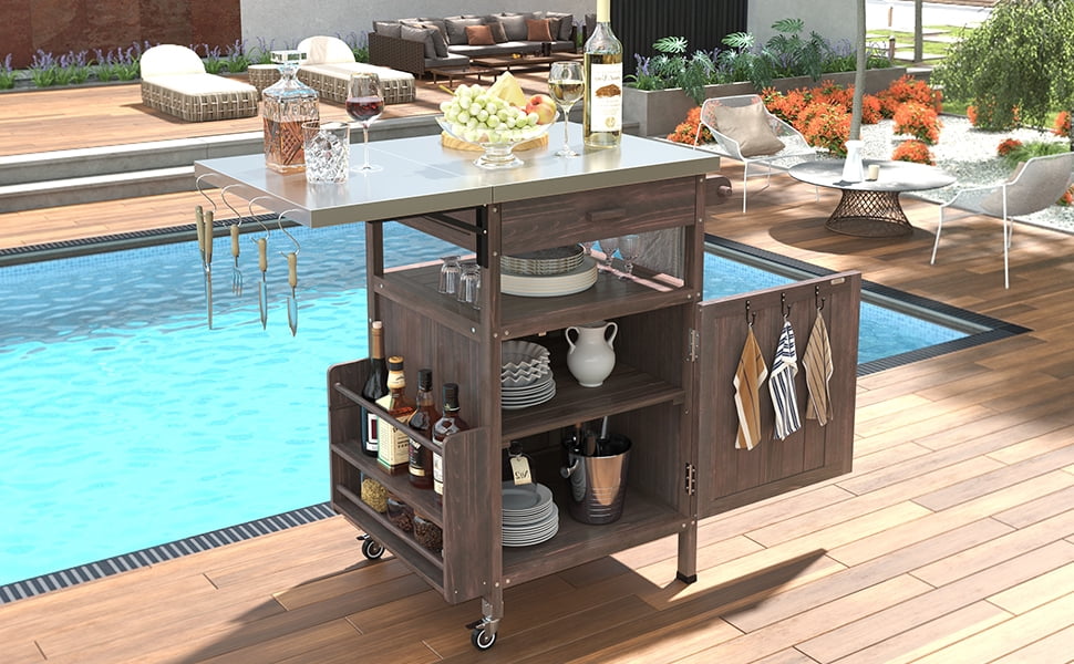 YIYADO Outdoor Kitchen Island, Stainless Steel Top, Solid Wood Outdoor ...