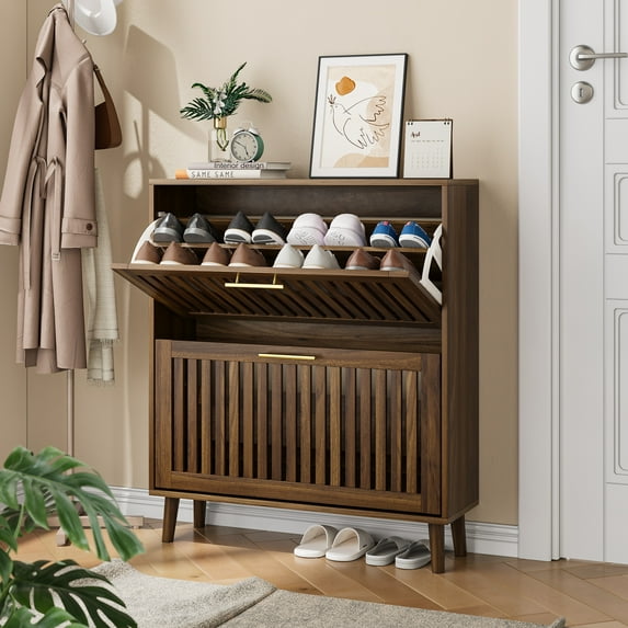YIYADO Shoe Cabinet, Entry Grooved Shoe Cabinet, Walnut Hidden Shoe ...