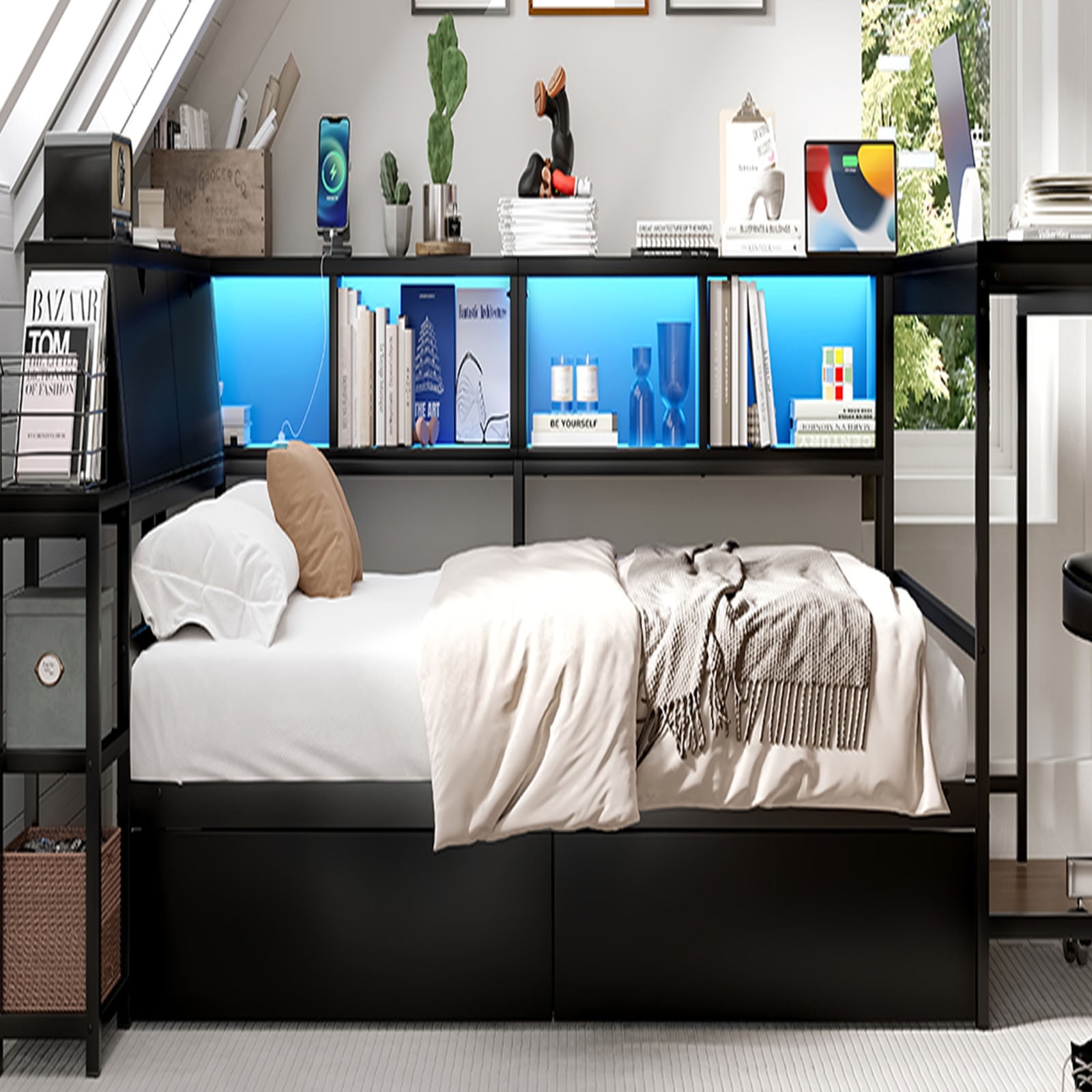 YIYADO Single Bed with Bookcase and 2 Under Bed Storage Drawers, Modern ...
