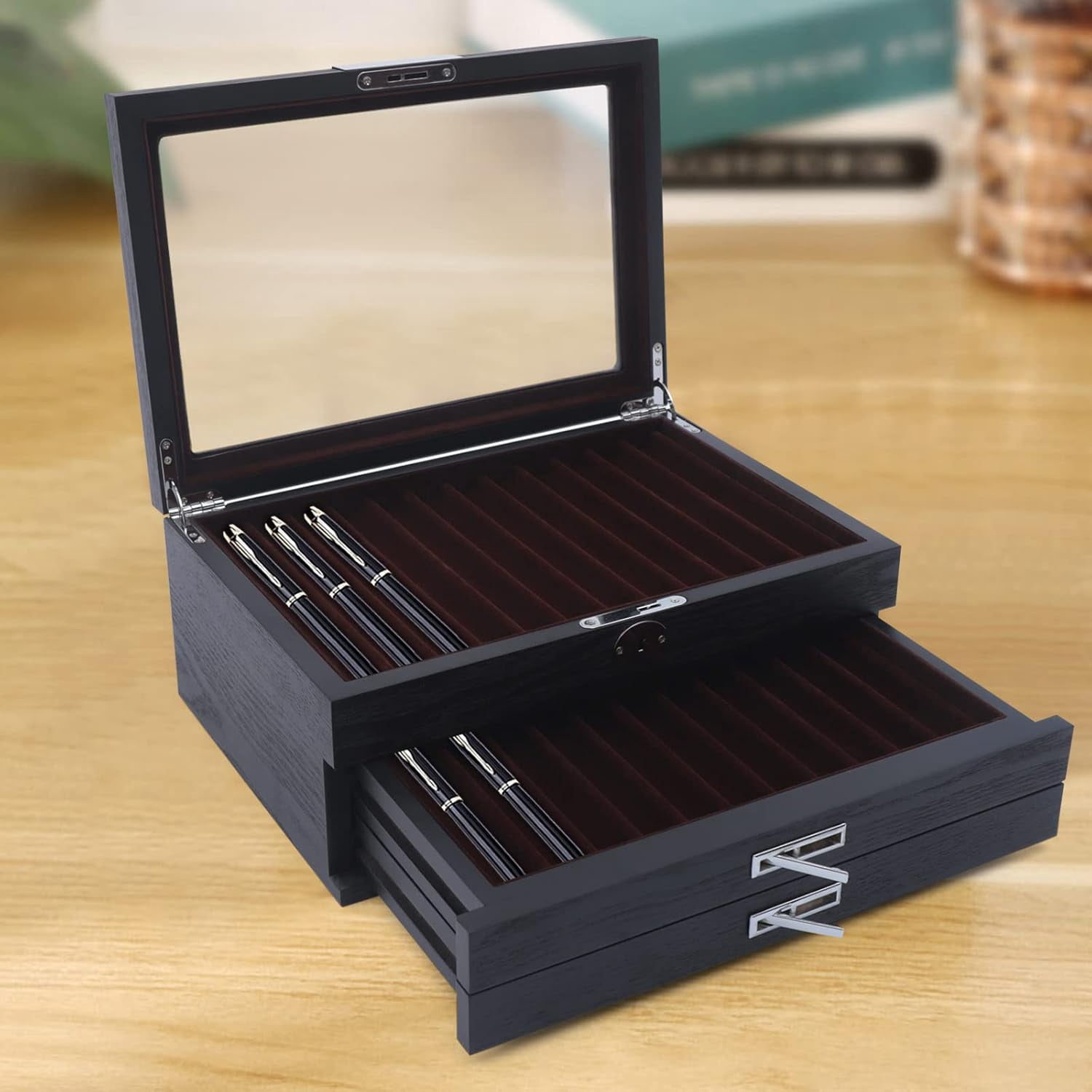 YIYIBYUS 34 Piece Wood Pen Display Box Pen Storage Organizer Box ...