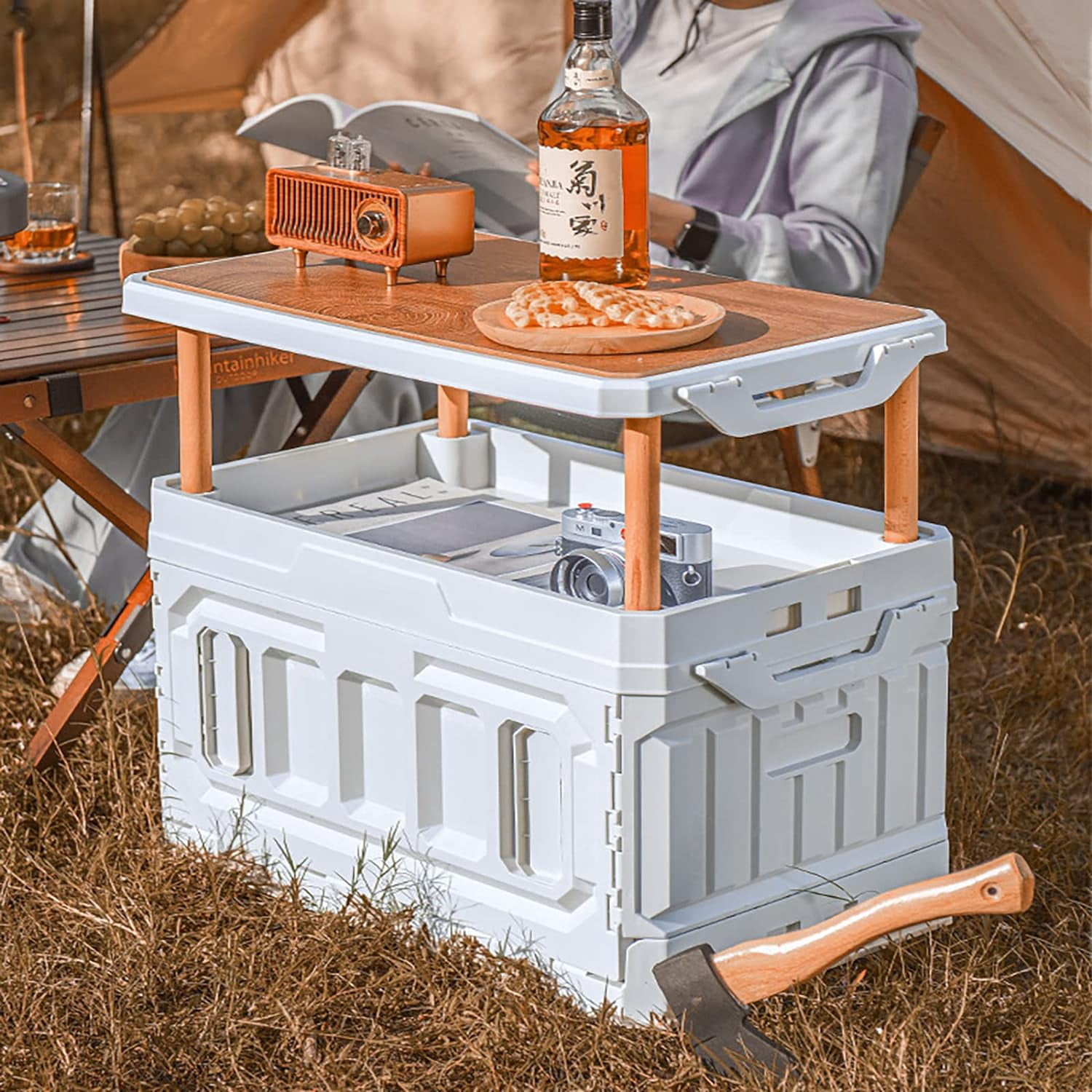 YIYIBYUS Folding Storage Camping Box with Wooden Table Board, 95L ...