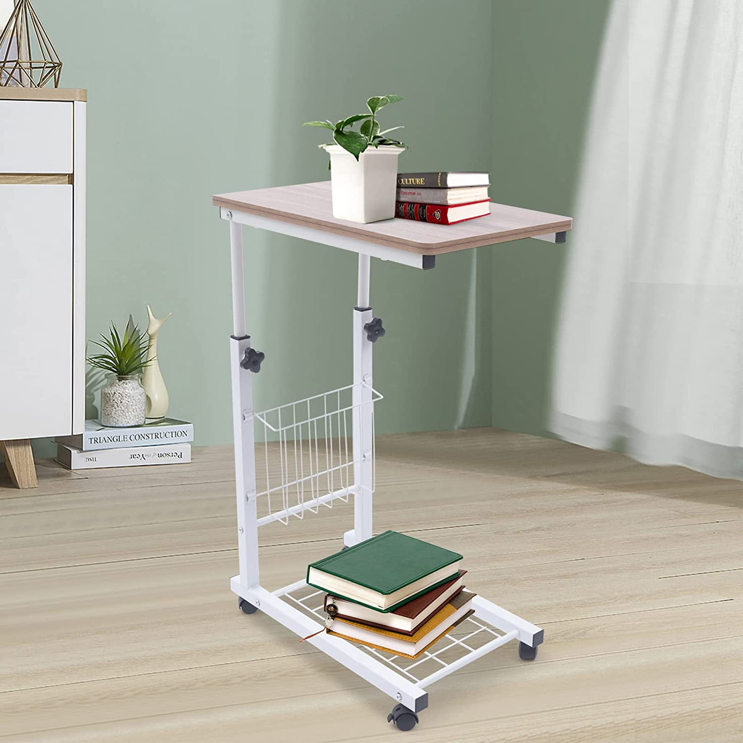 YIYIBYUS Mobile Sofa Side Table Height Adjustable C-Shape Rolling End ...