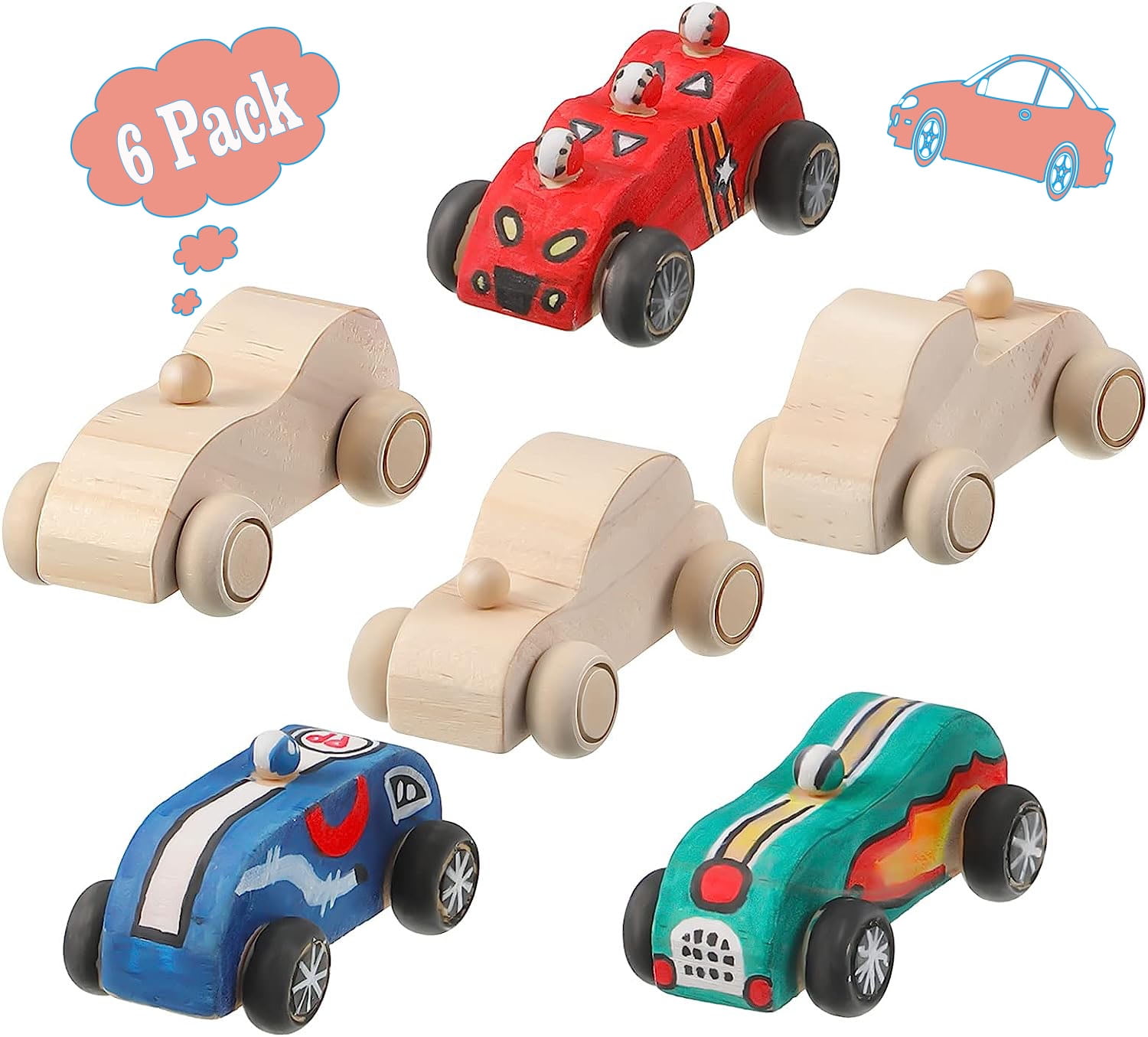 YIYOUZQT 6 Pcs Wood DIY Car Toys, Unfinished Wooden Cars, Paintable ...
