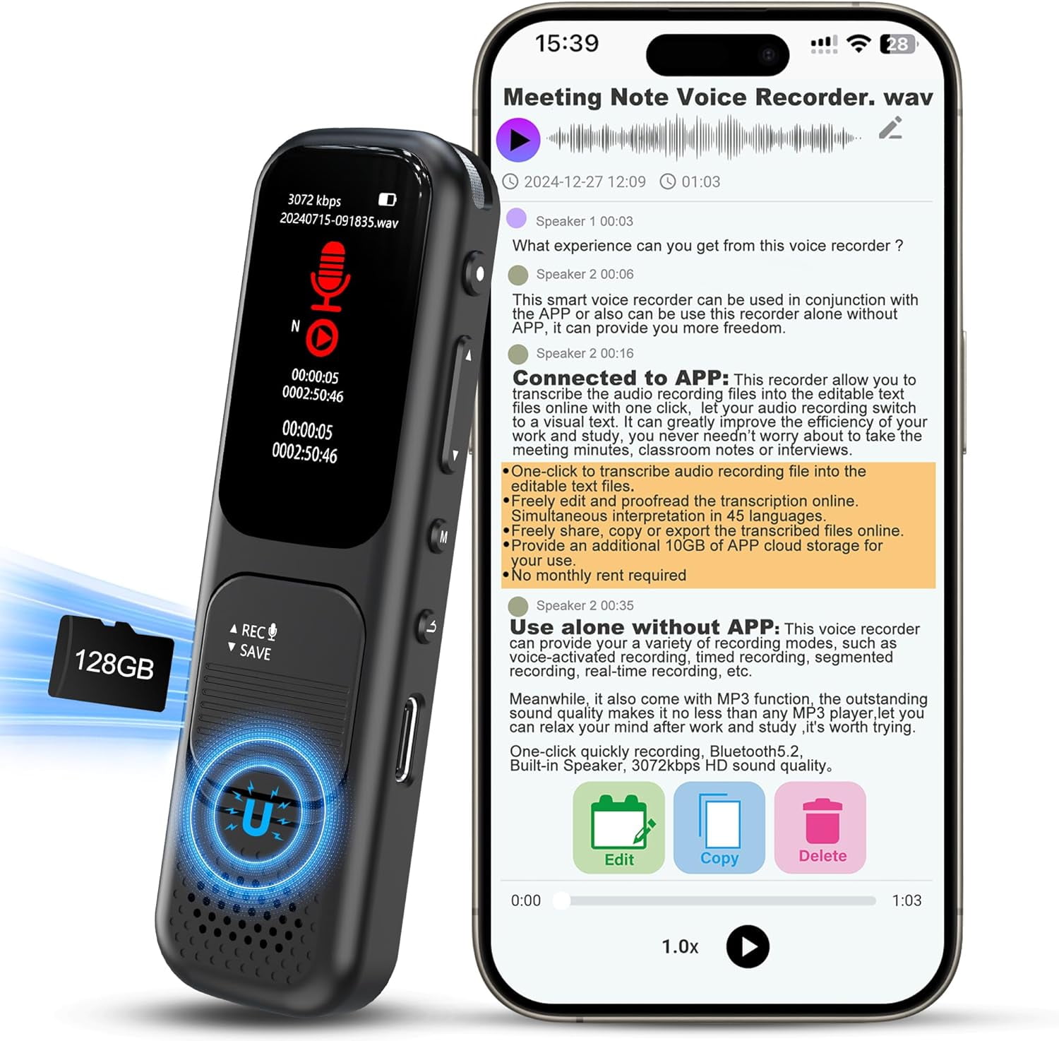 YIYUN 128GB Smart Voice Recorder with AI Transcribe & Real-Time ...