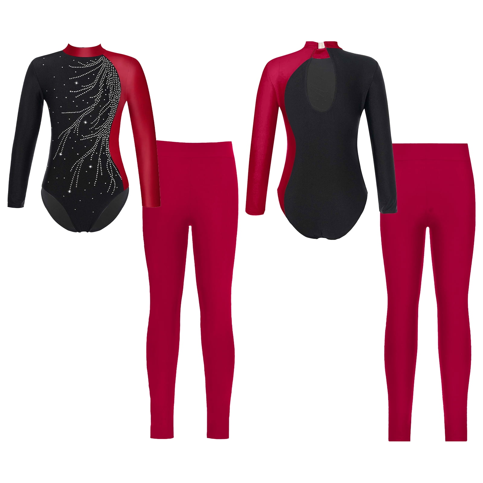 YIZYIF Girls 2-Piece Dance Sports Outfit Shiny Rhinestone Unitard ...