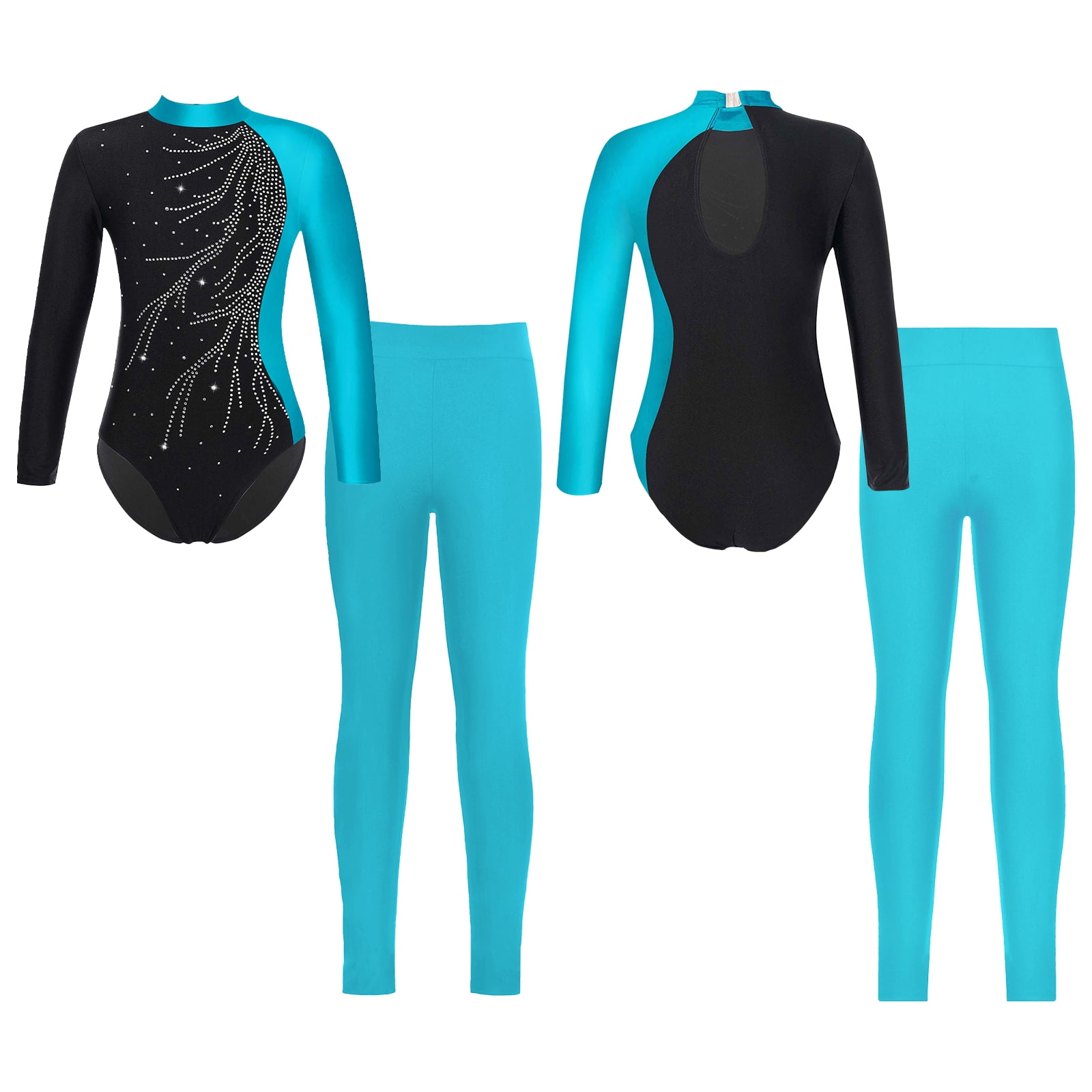 YIZYIF Girls 2-Piece Dance Sports Outfit Shiny Rhinestone Unitard ...