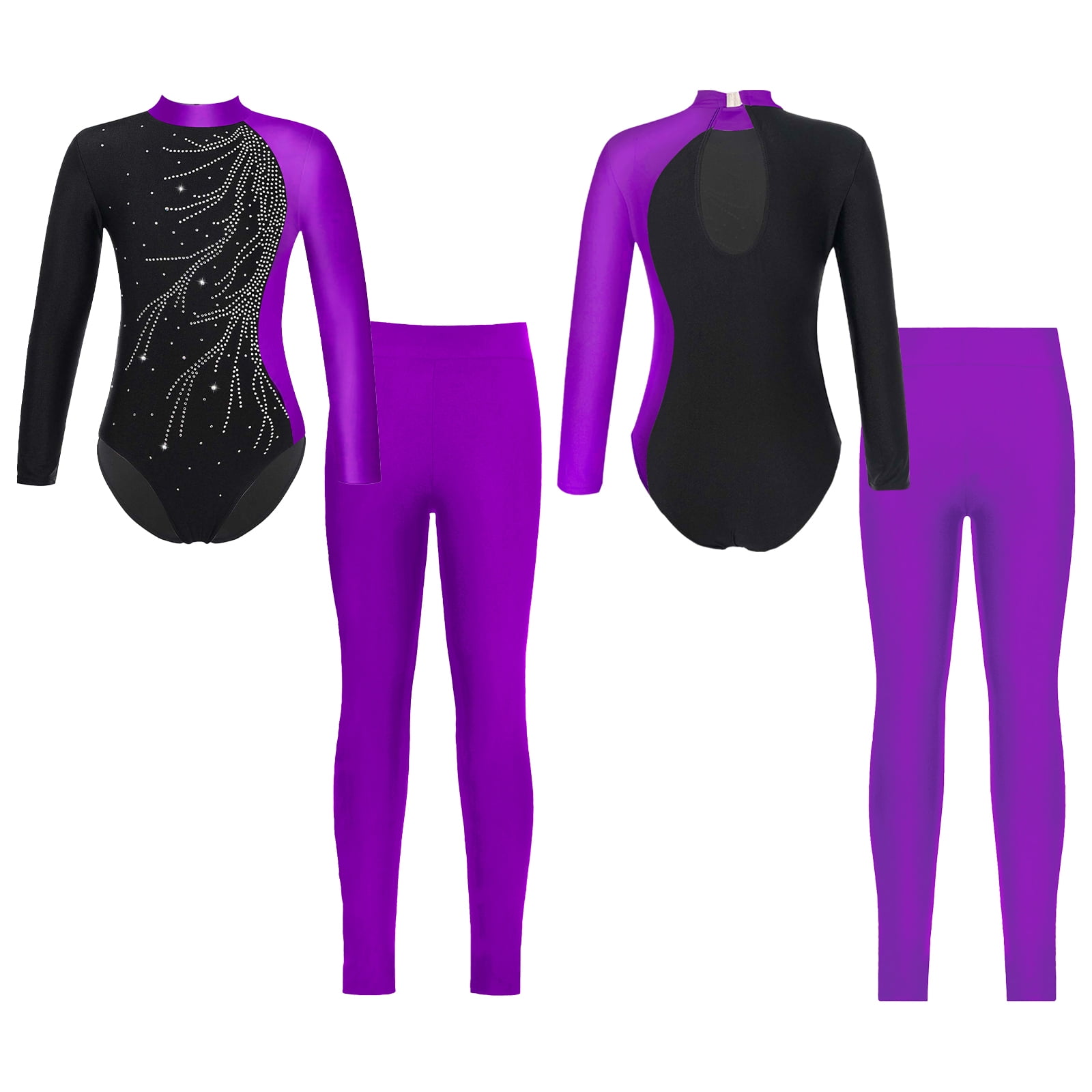 YIZYIF Girls 2-Piece Dance Sports Outfit Shiny Rhinestone Unitard ...