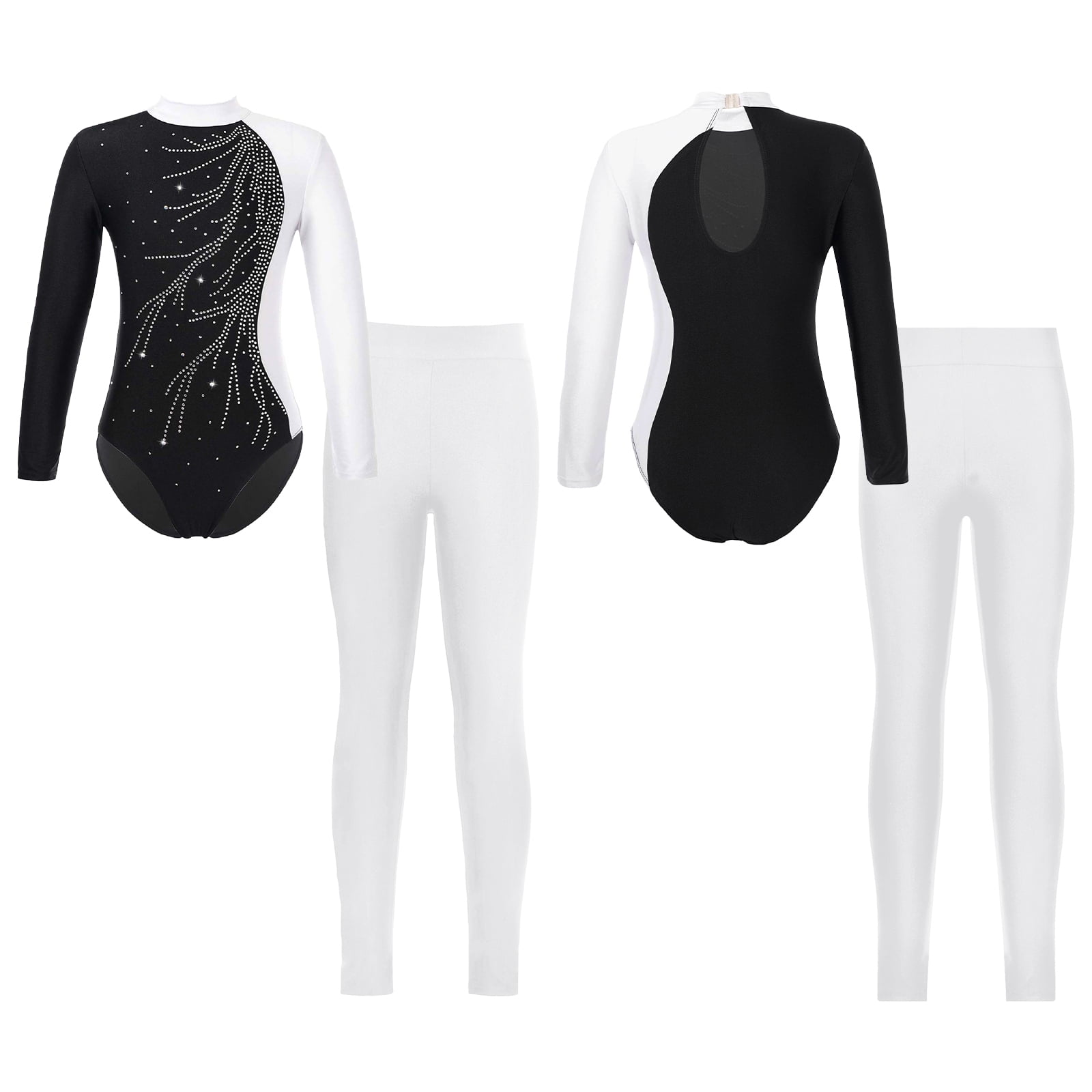 YIZYIF Girls 2-Piece Dance Sports Outfit Shiny Rhinestone Unitard ...