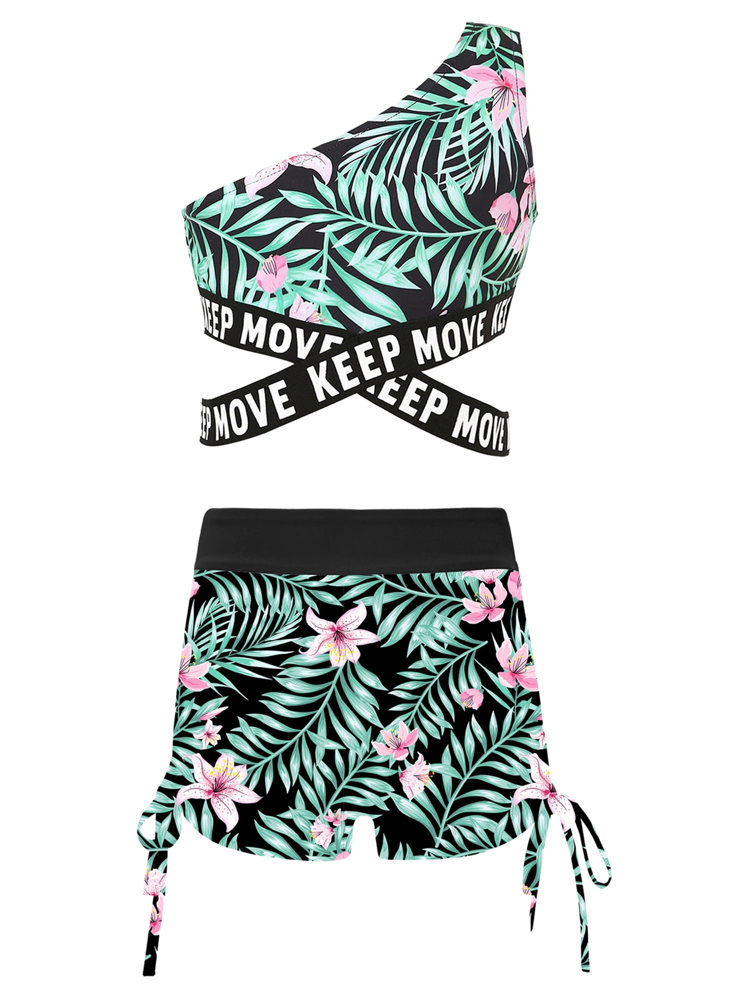 YIZYIF Girls 2Pcs Swimsuit Single Shoulder Swim Tops with Drawstring ...