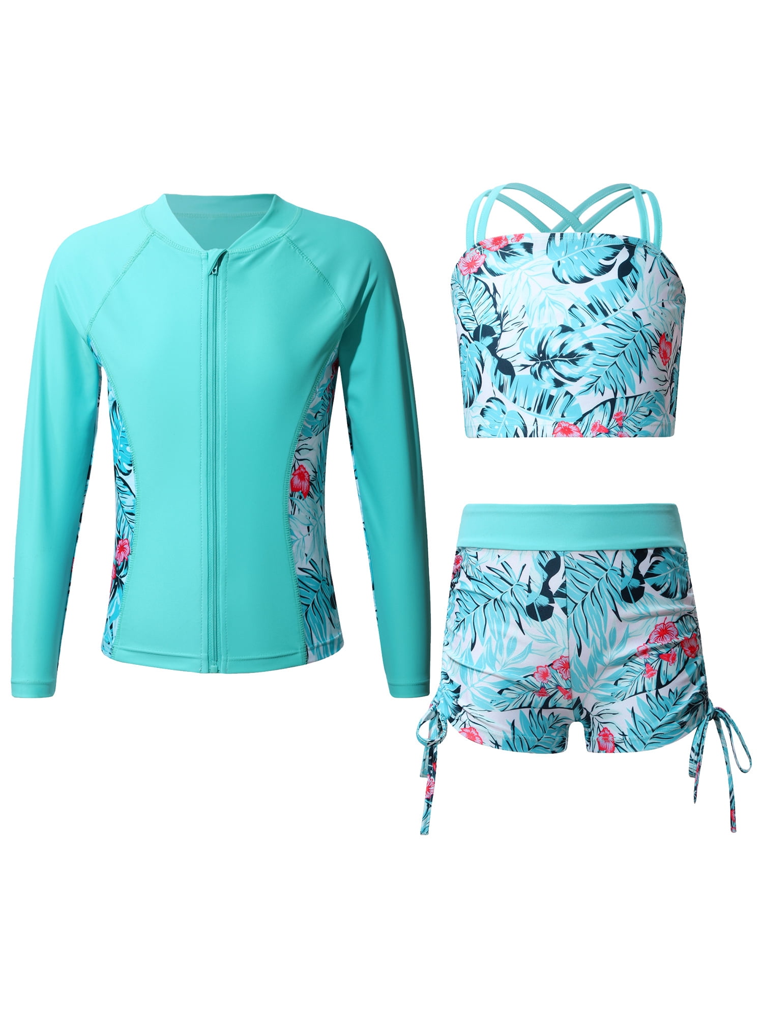 YIZYIF Girls 3Pcs Swimsuit Long Sleeve Zip Up Shirt with Swim Top ...