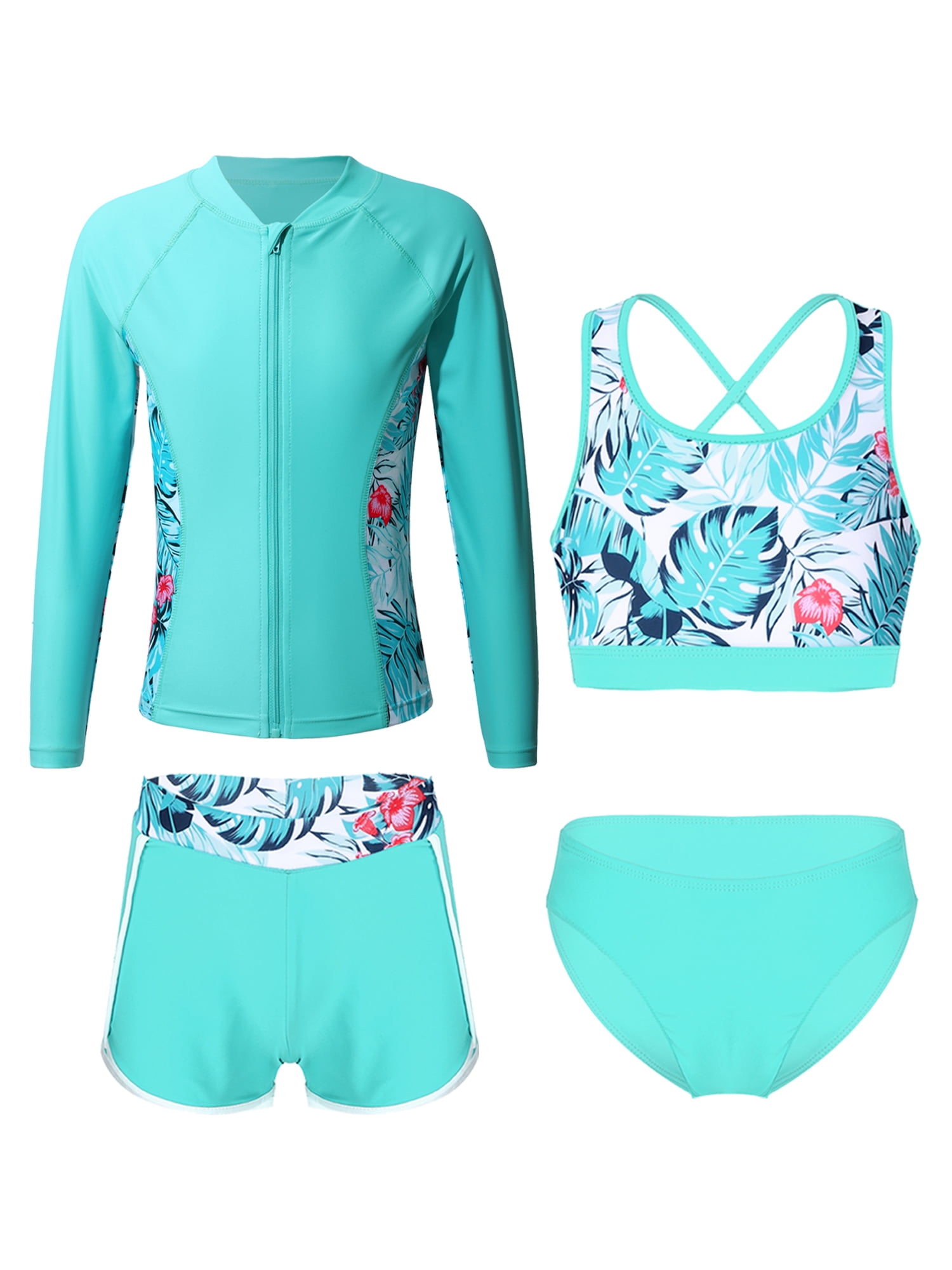 YiZYiF Girls 4-Piece Swimsuit, Long Sleeve Rash Guard, Crop Top, Briefs ...