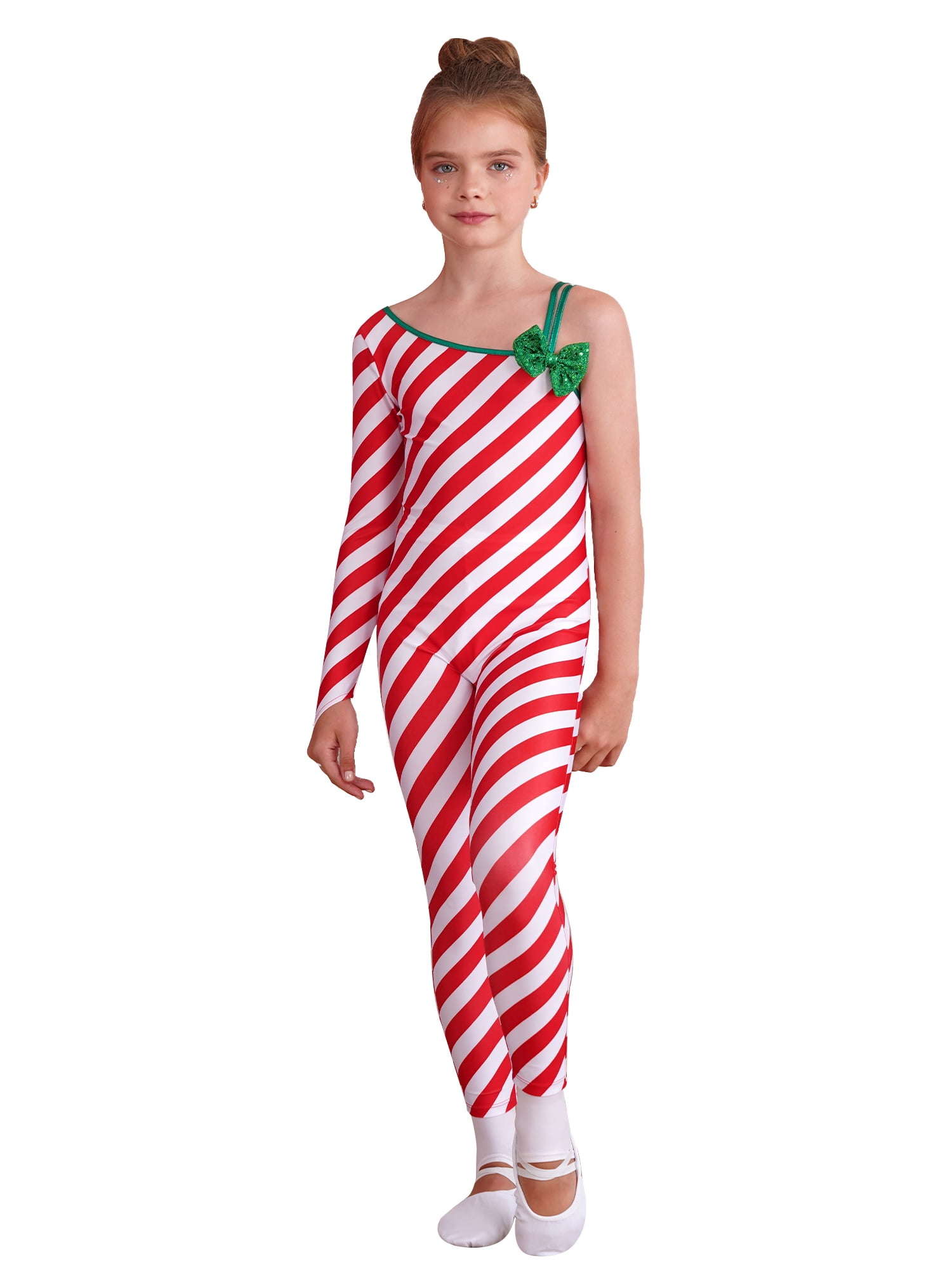 YIZYIF Girls Christmas One Shoulder Striped Unitard Xmas New Year Candy ...
